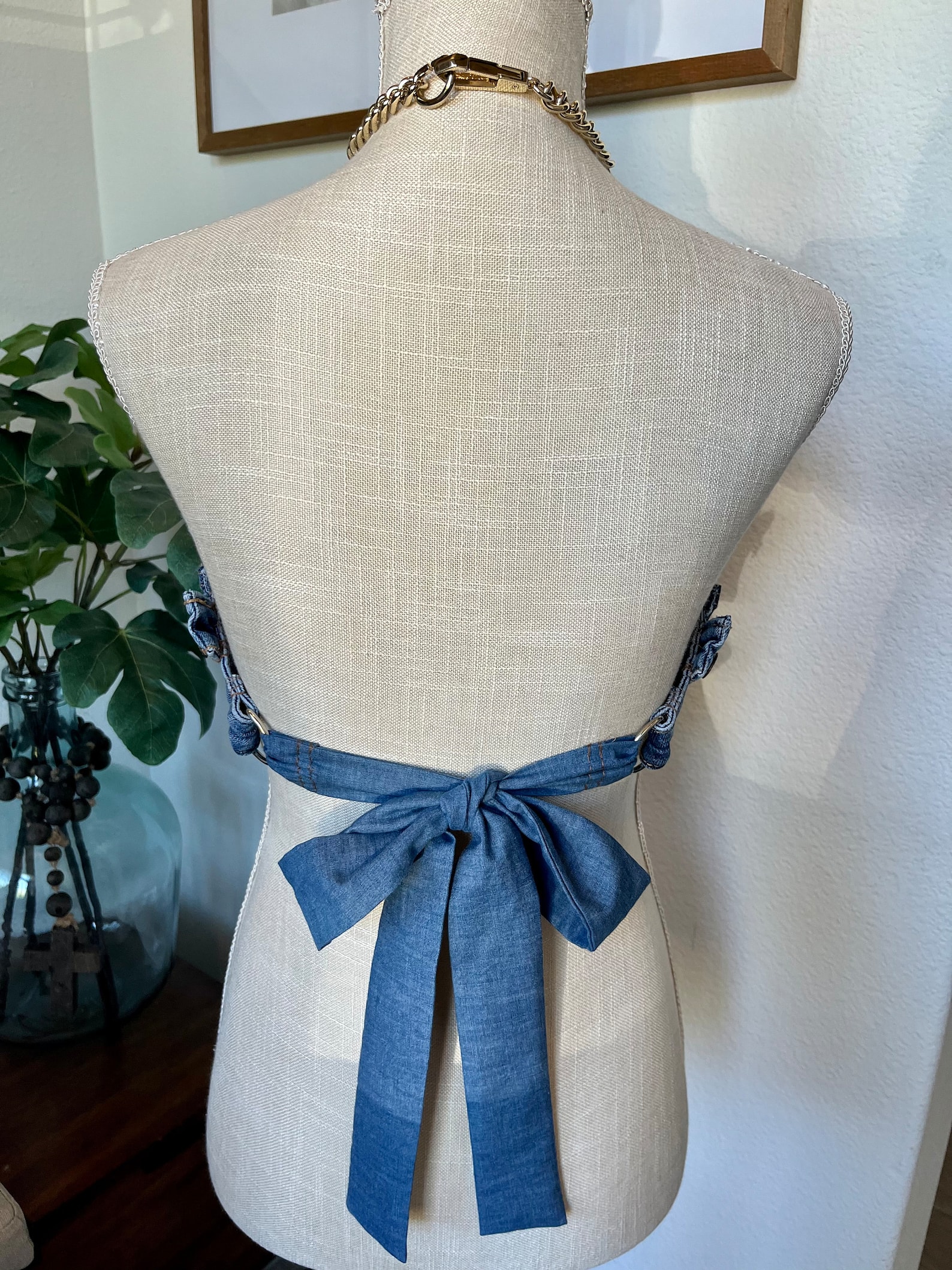 Upcycled Denim Halter Top: Gold Chain, Modern Boho Chic (size Small) - Etsy