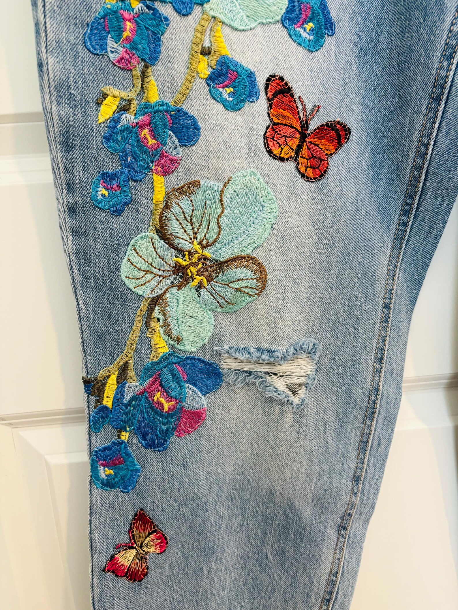 Embroidered Butterfly Jeans: Refashioned Boho Floral Denim, Size 17 - Etsy