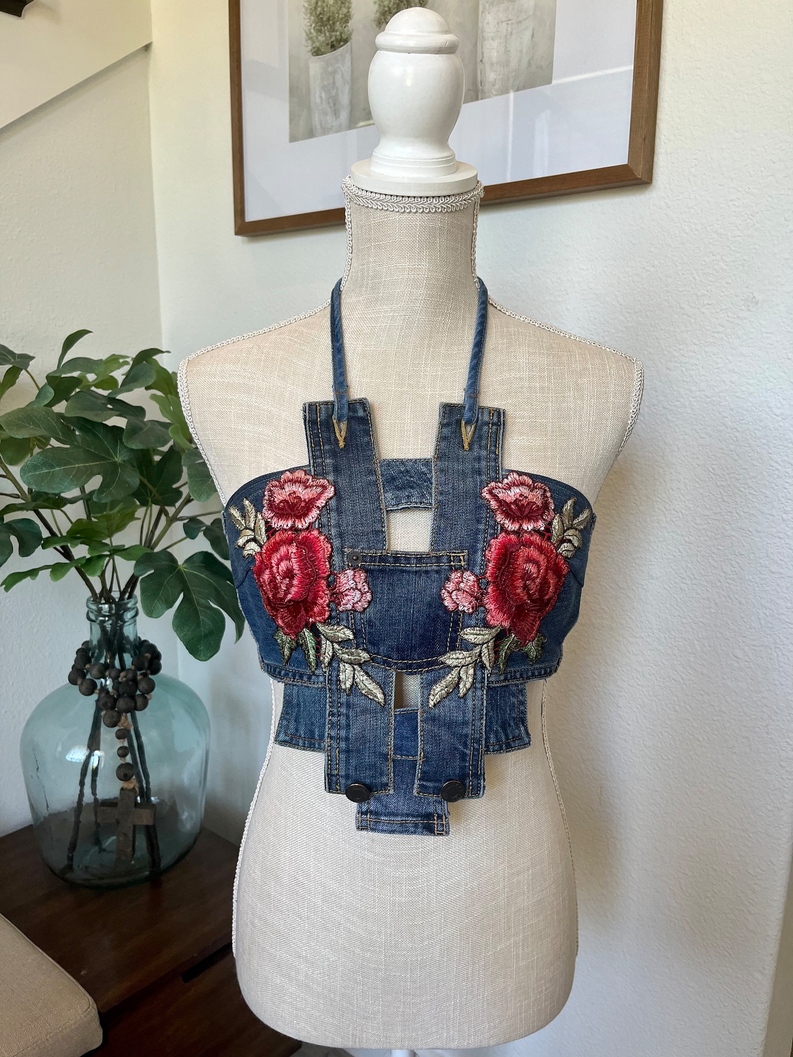 Bohemian Floral Denim Tube Top: Upcycled Handmade Jean Top (size Small ...