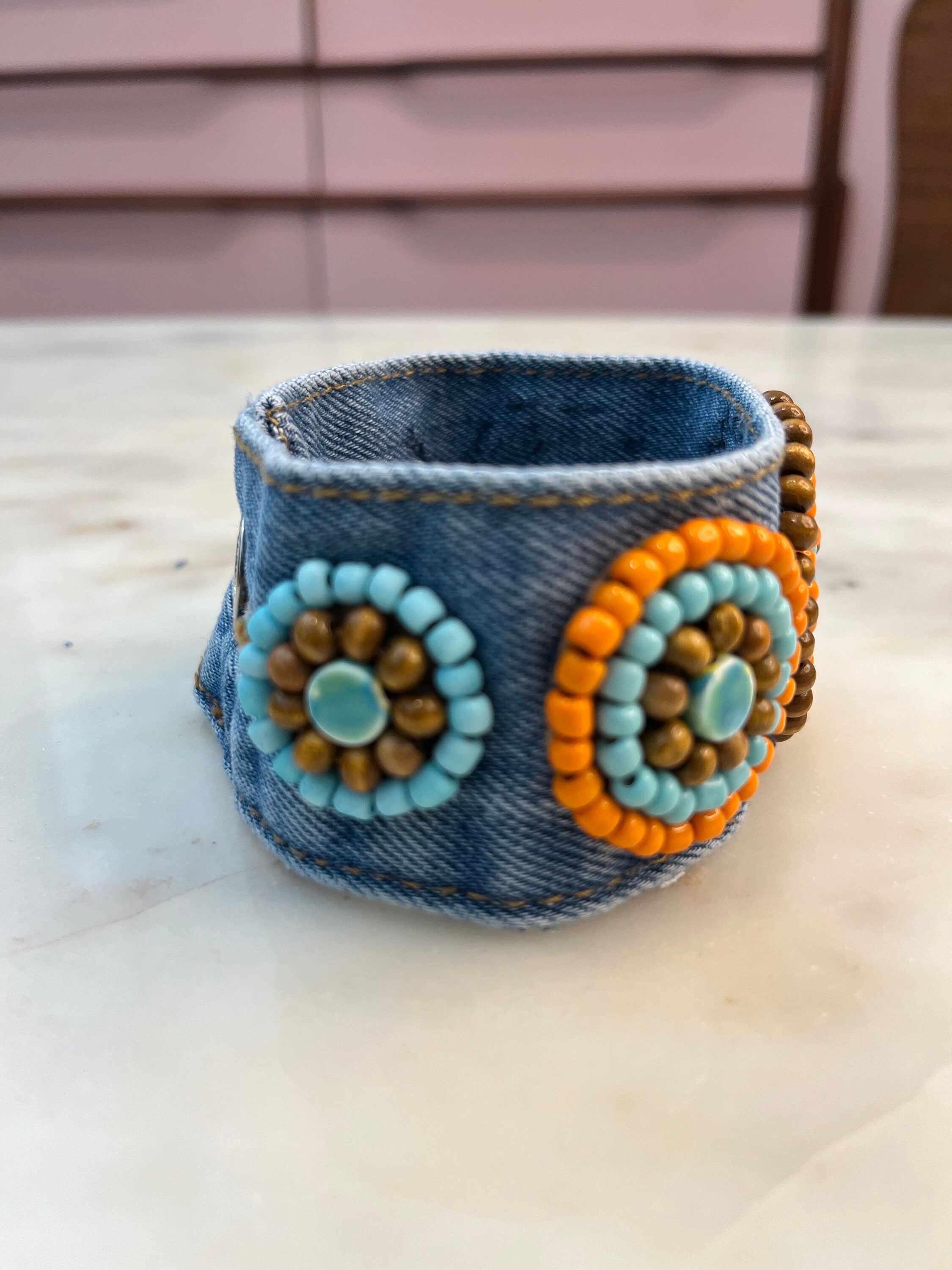 Upcycled Denim Cuff Bracelet, Handmade Boho Wrestlet, Beaded Wrestlet ...