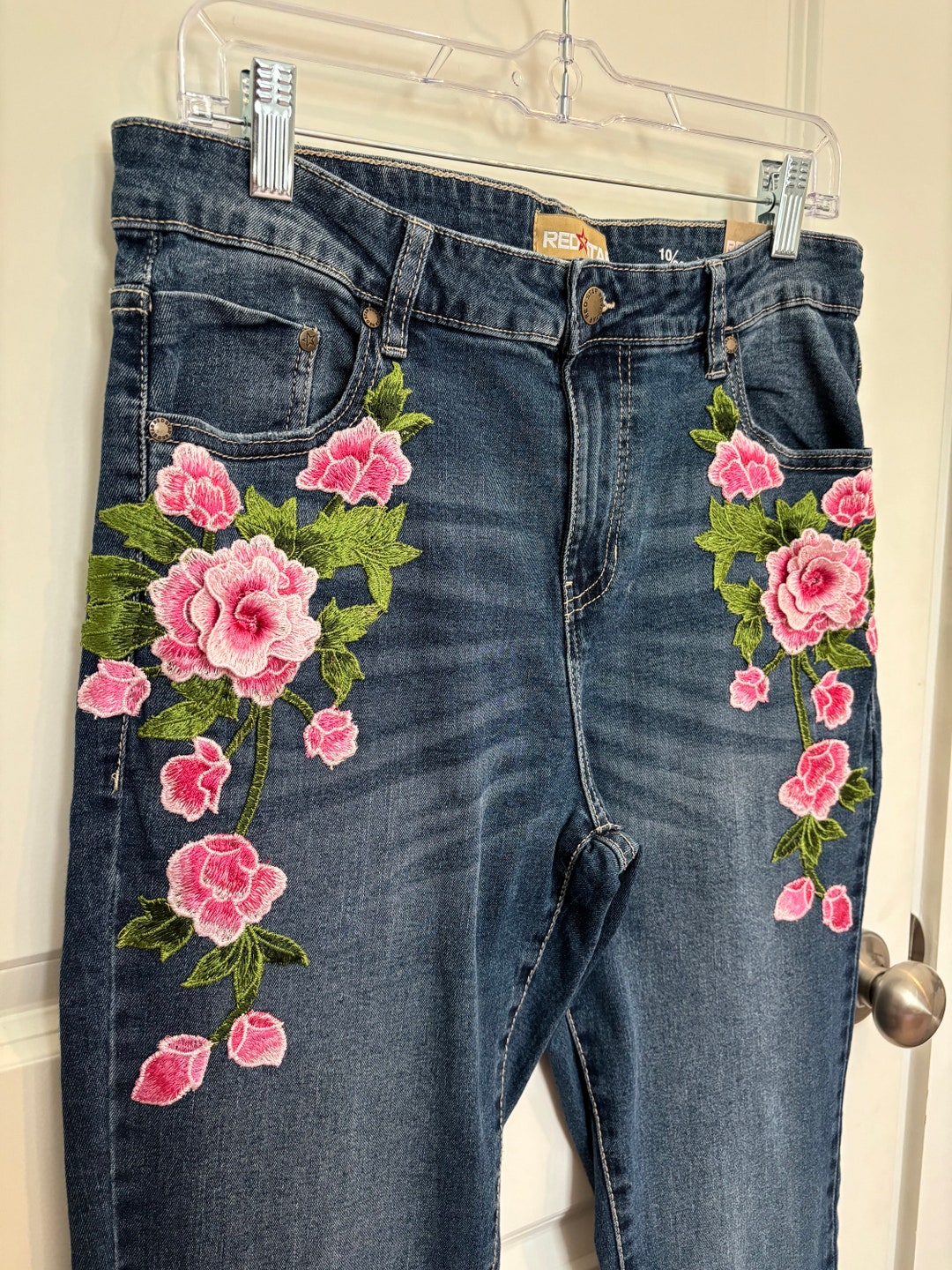 Pretty in Pink Floral Embroidered Upcycled Denim Jeans, Boho Hippie ...