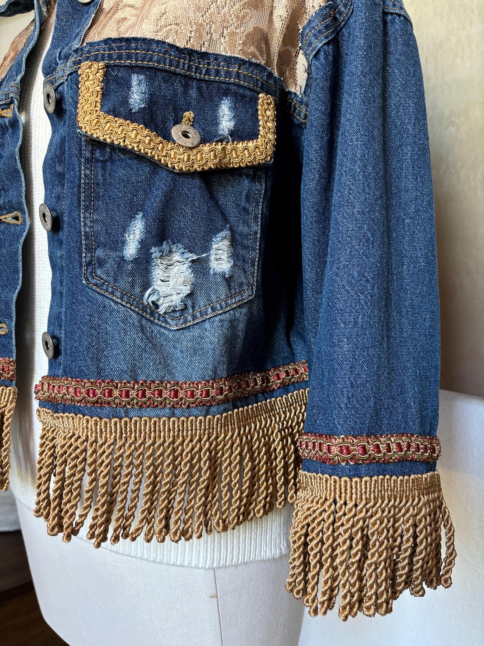Ladies XL Embellished Handmade Denim Jean Jacket, Bohemian Style, Fall ...