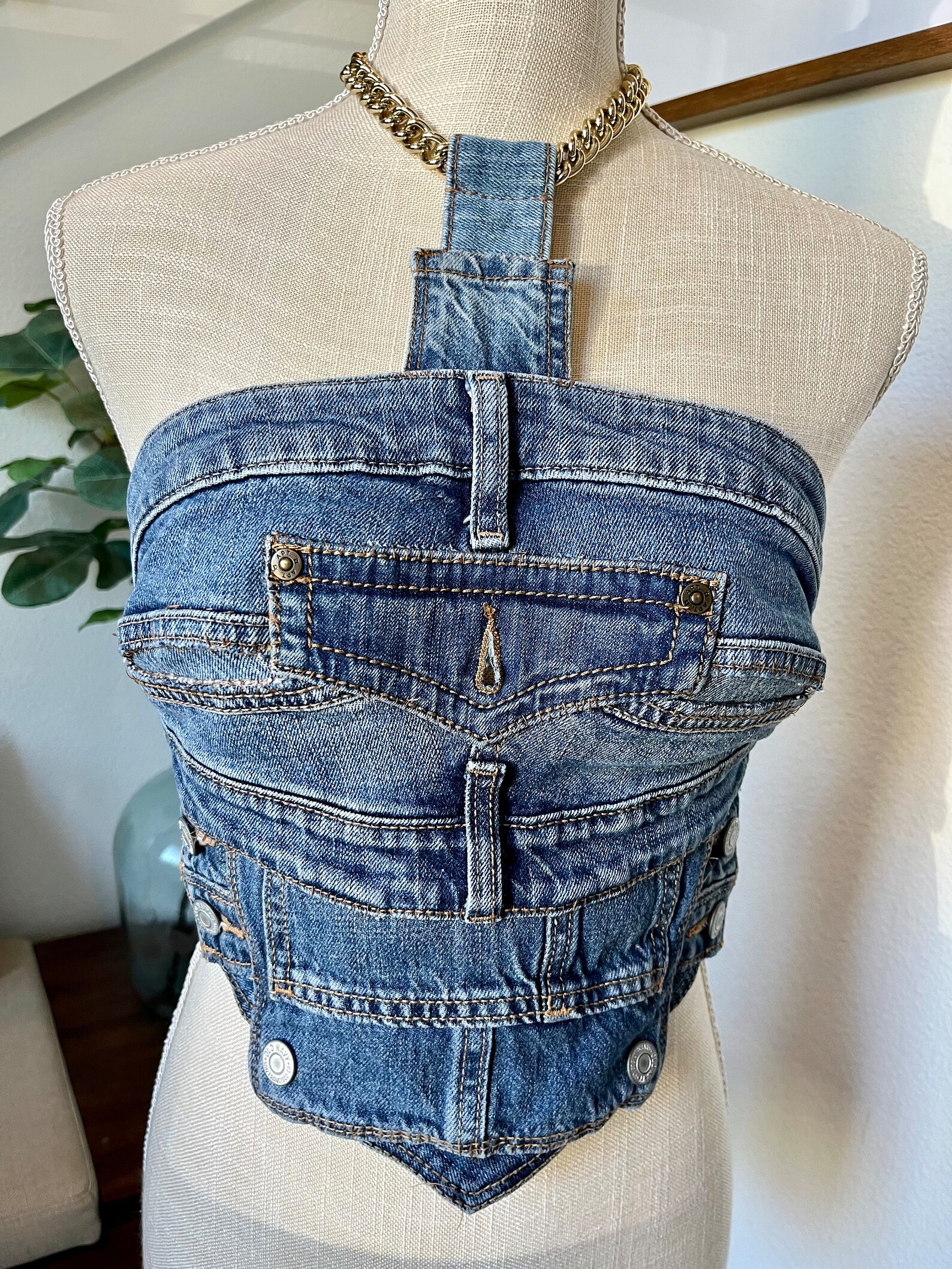 Upcycled Denim Halter Top: Gold Chain, Modern Boho Chic (size Small) - Etsy