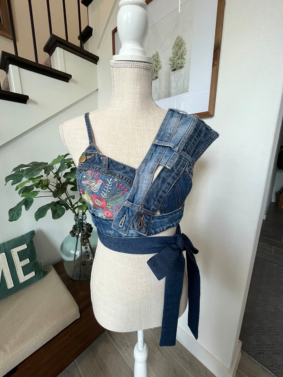 Pretty Little Denim Top, Asymmetrical Shoulder, Wrap Around Tie, Floral ...