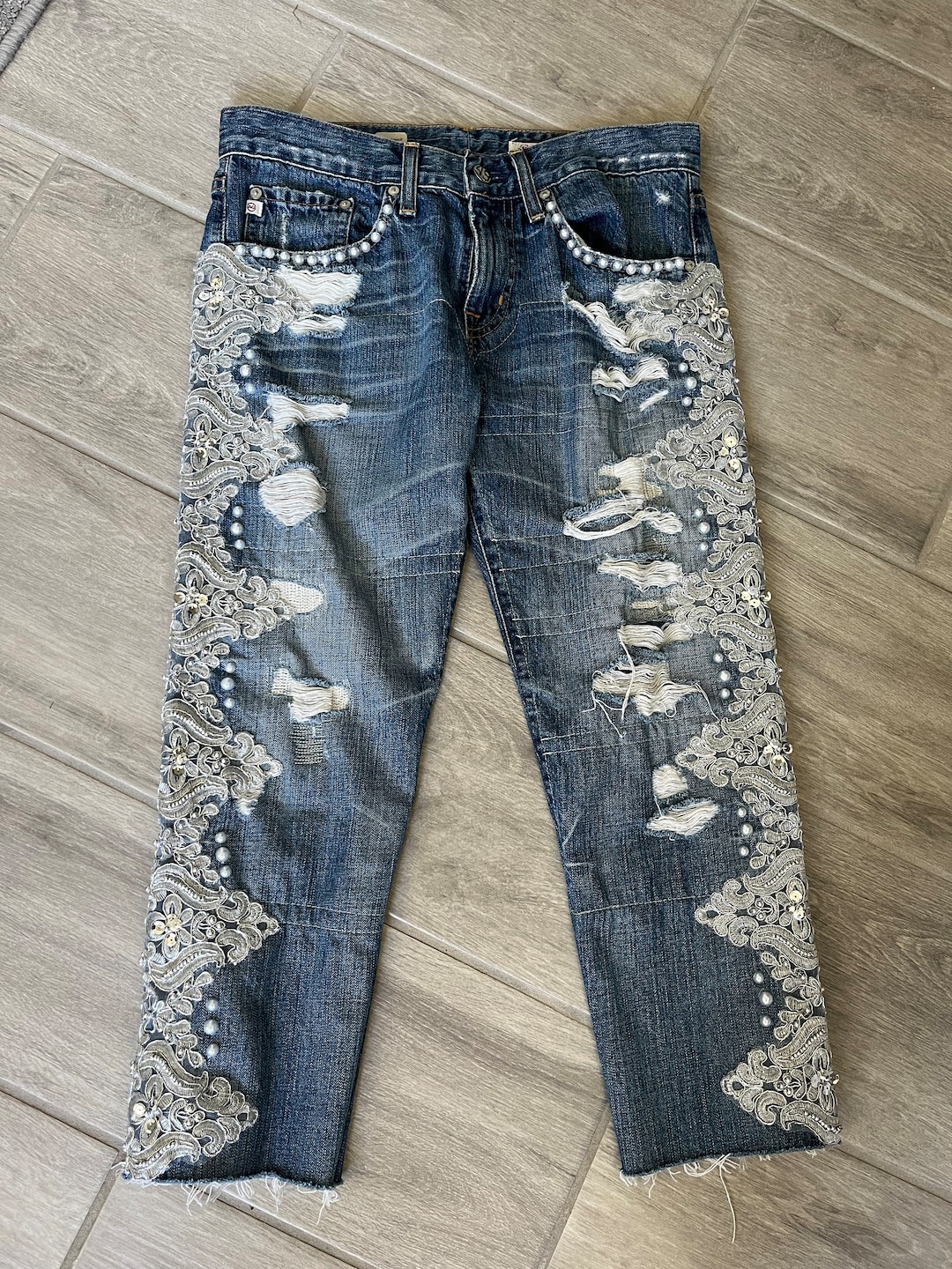 Embellished Denim Capri Jeans: Beach Wedding Bridal Lace & Pearls - Etsy