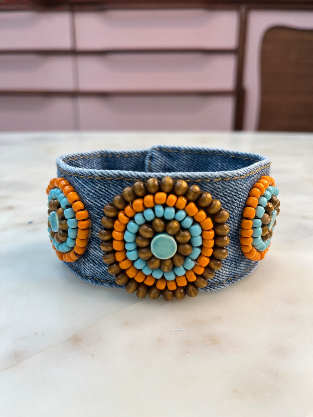 Upcycled Denim Cuff Bracelet, Handmade Boho Wrestlet, Beaded Wrestlet ...