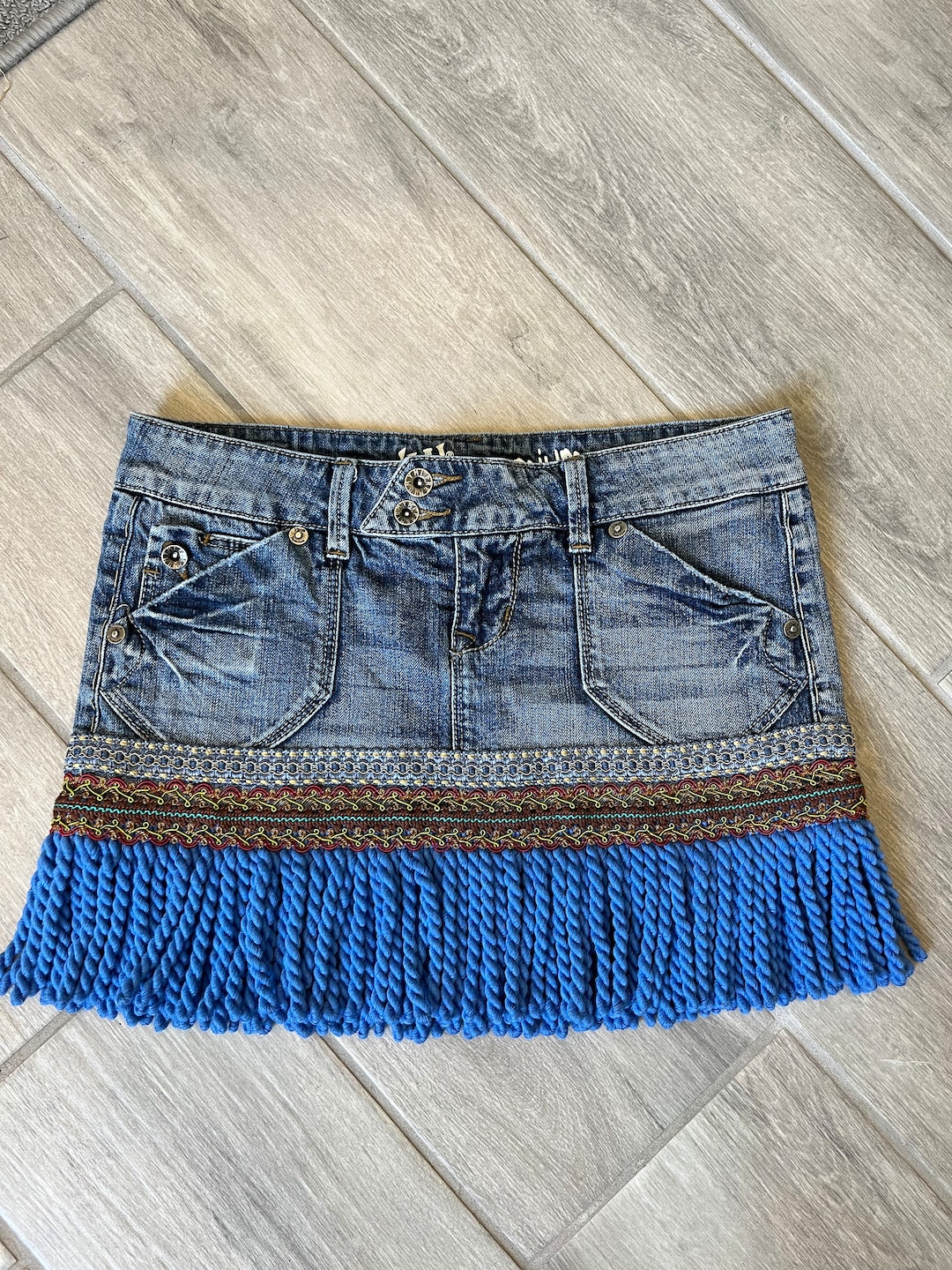 Cute Mini Skirt With Royal Blue Trims Fringes Upcycled Handmade Eco Friendly Jean Mini
