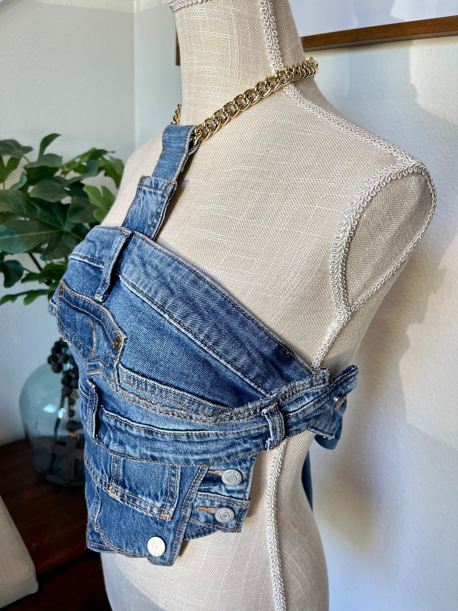 Upcycled Denim Halter Top: Gold Chain, Modern Boho Chic (size Small) - Etsy
