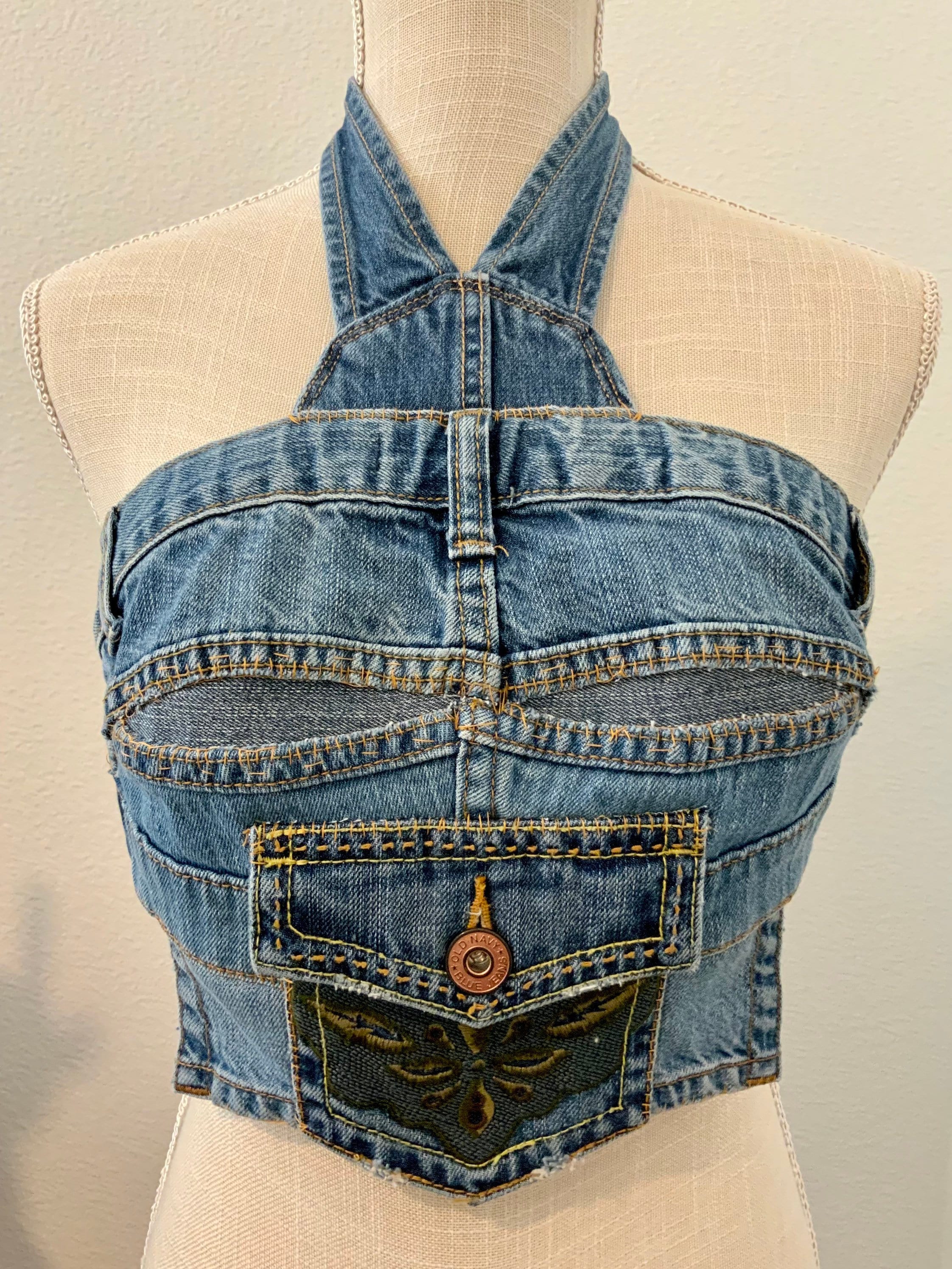 Upcycled Denim Halter Top: Handmade Festival Fashion (XS/S) - Etsy