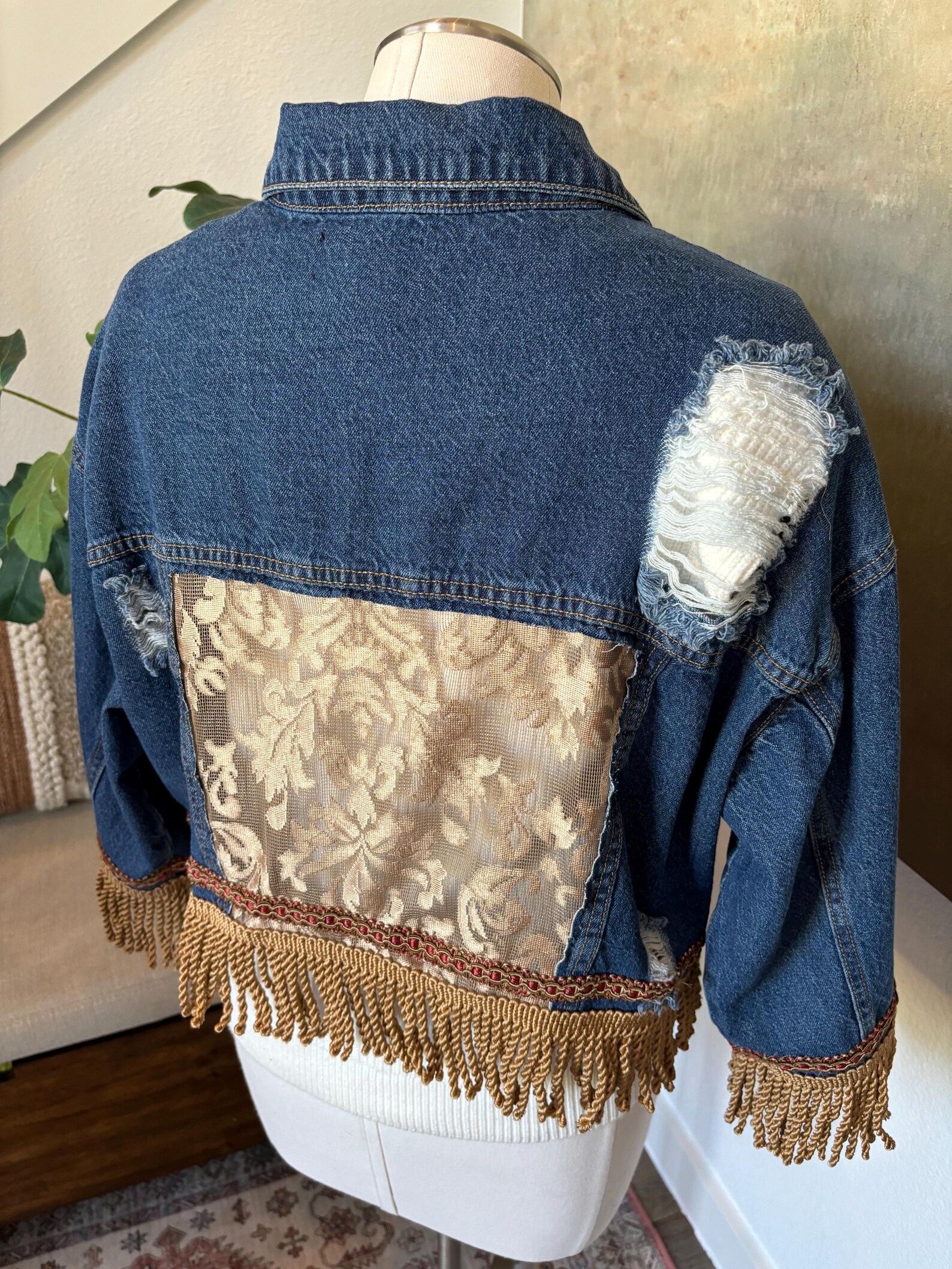 Ladies XL Embellished Handmade Denim Jean Jacket, Bohemian Style, Fall ...