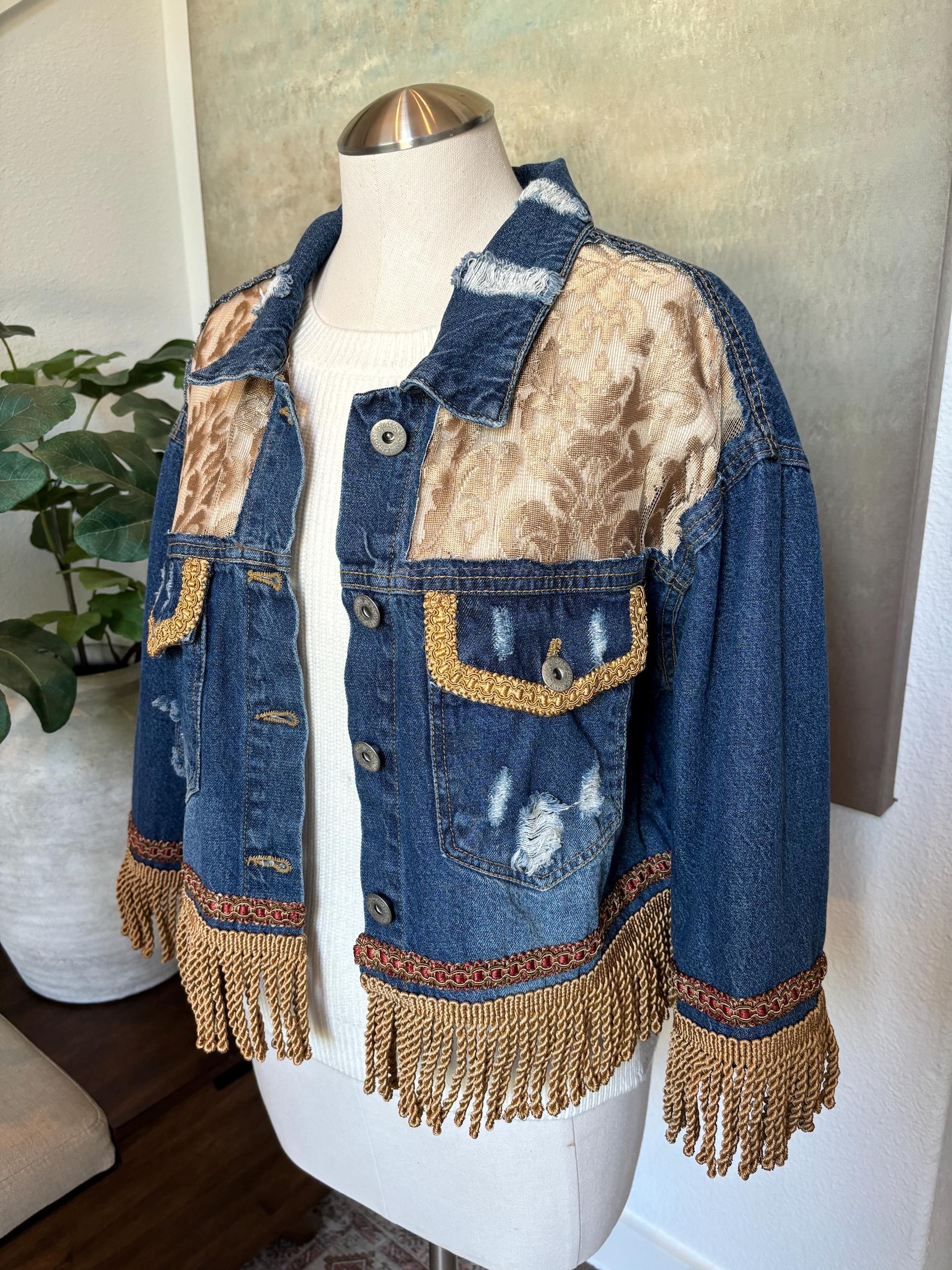 Ladies XL Embellished Handmade Denim Jean Jacket, Bohemian Style, Fall ...