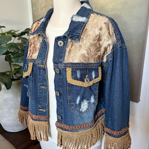 Ladies XL Embellished Handmade Denim Jean Jacket, Bohemian Style, Fall ...