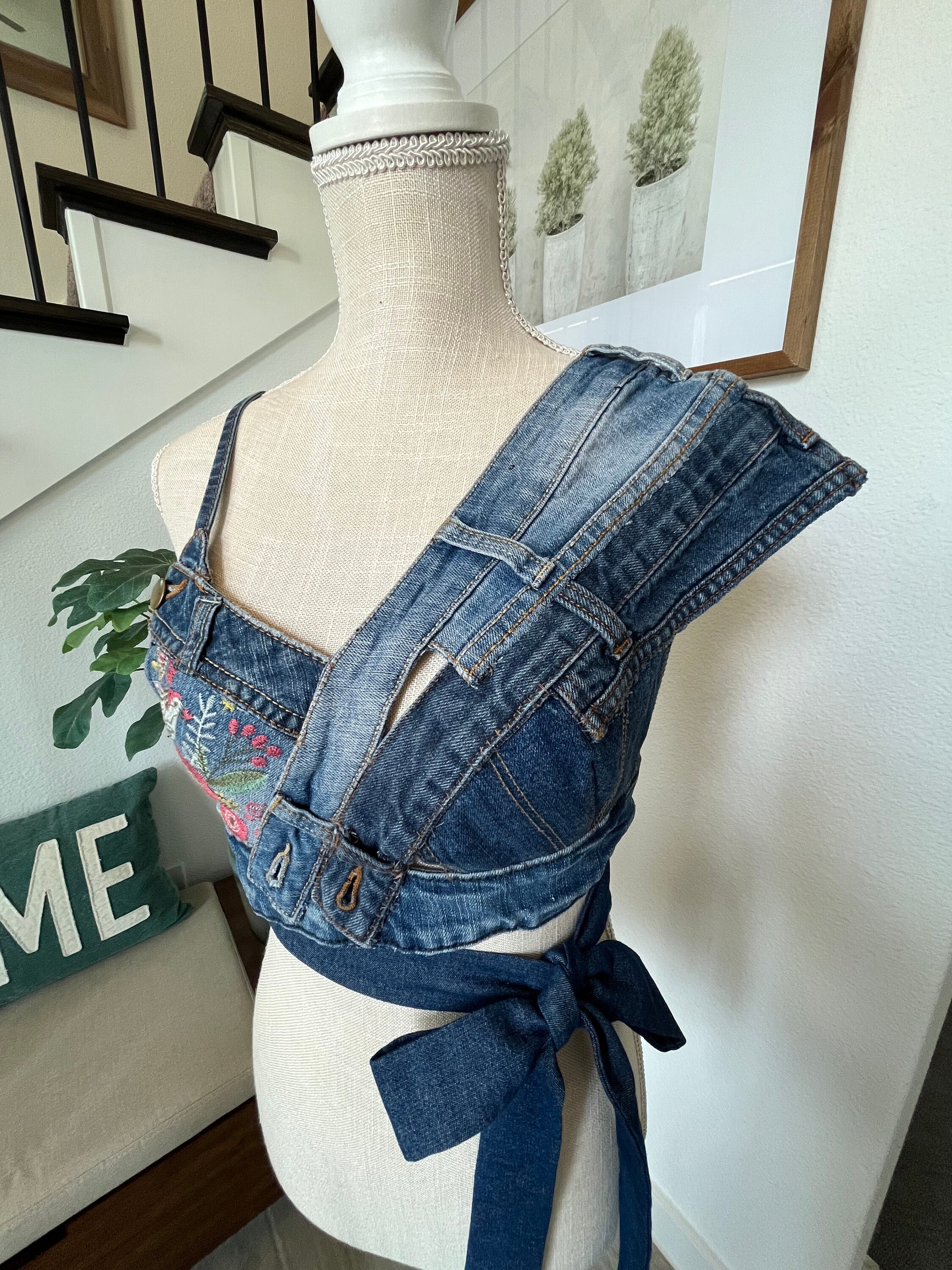 Pretty Little Denim Top, Asymmetrical Shoulder, Wrap Around Tie, Floral ...