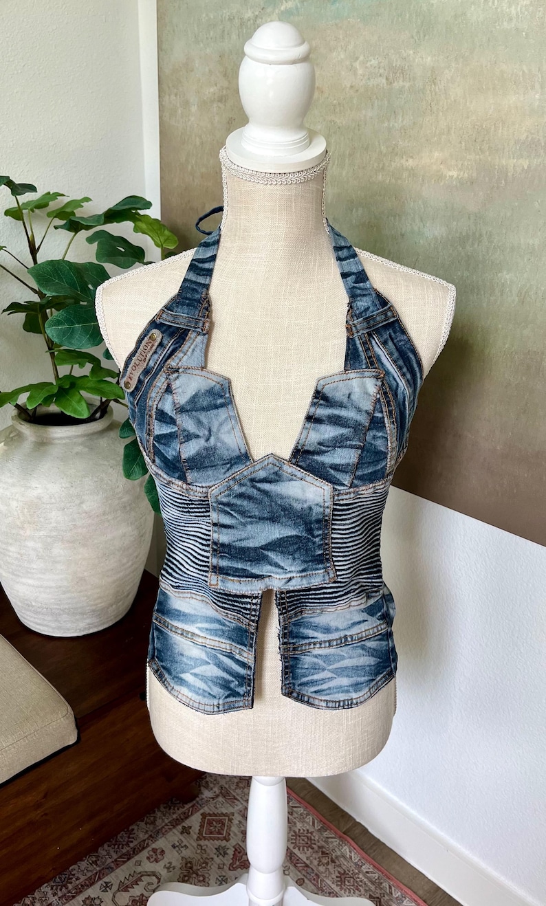 Reworked Denim Halter Top: Upcycled Jean Corset, Rave Outfit - Etsy