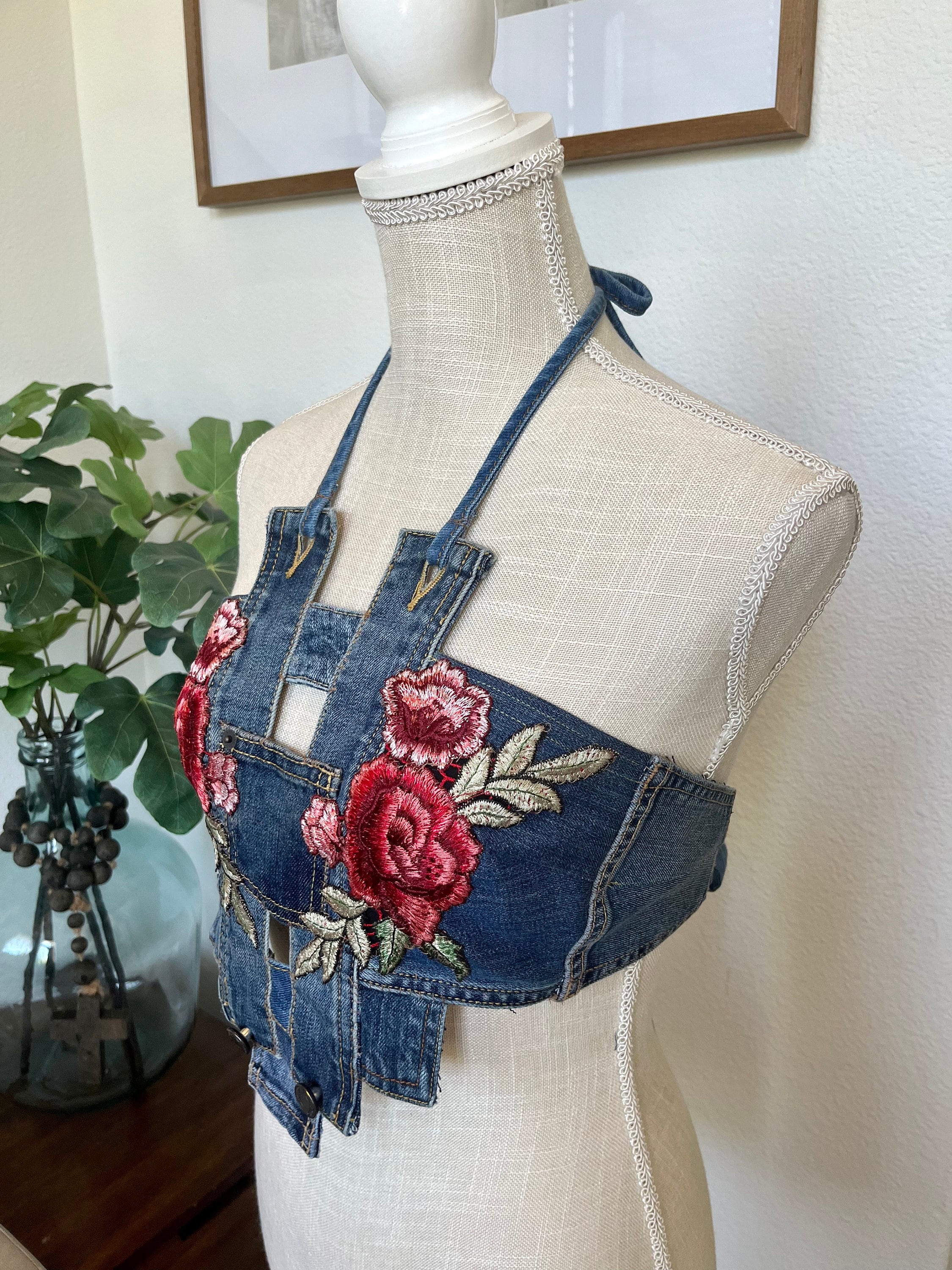 Bohemian Floral Denim Tube Top: Upcycled Handmade Jean Top (size Small ...