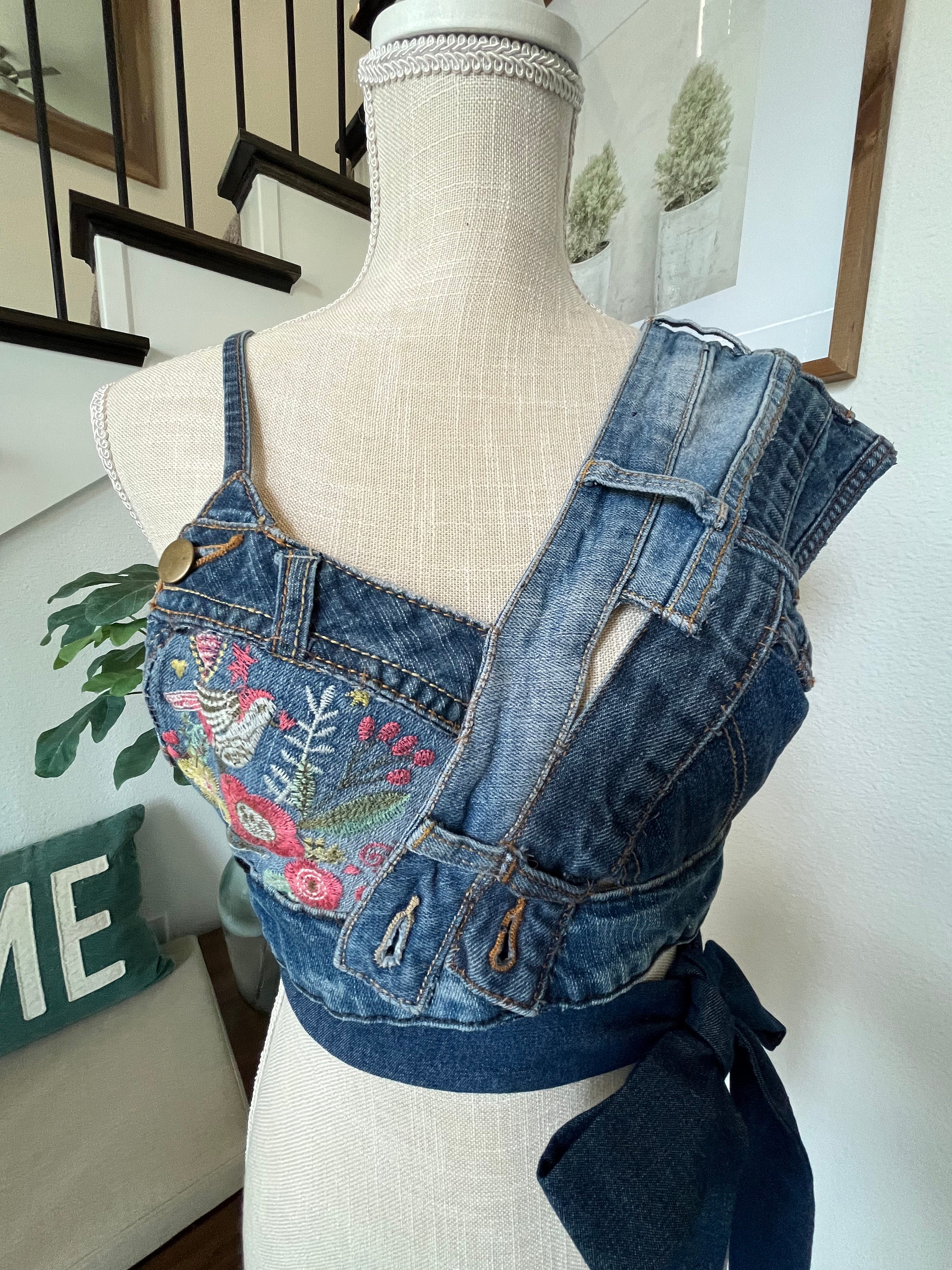 Pretty Little Denim Top, Asymmetrical Shoulder, Wrap Around Tie, Floral ...