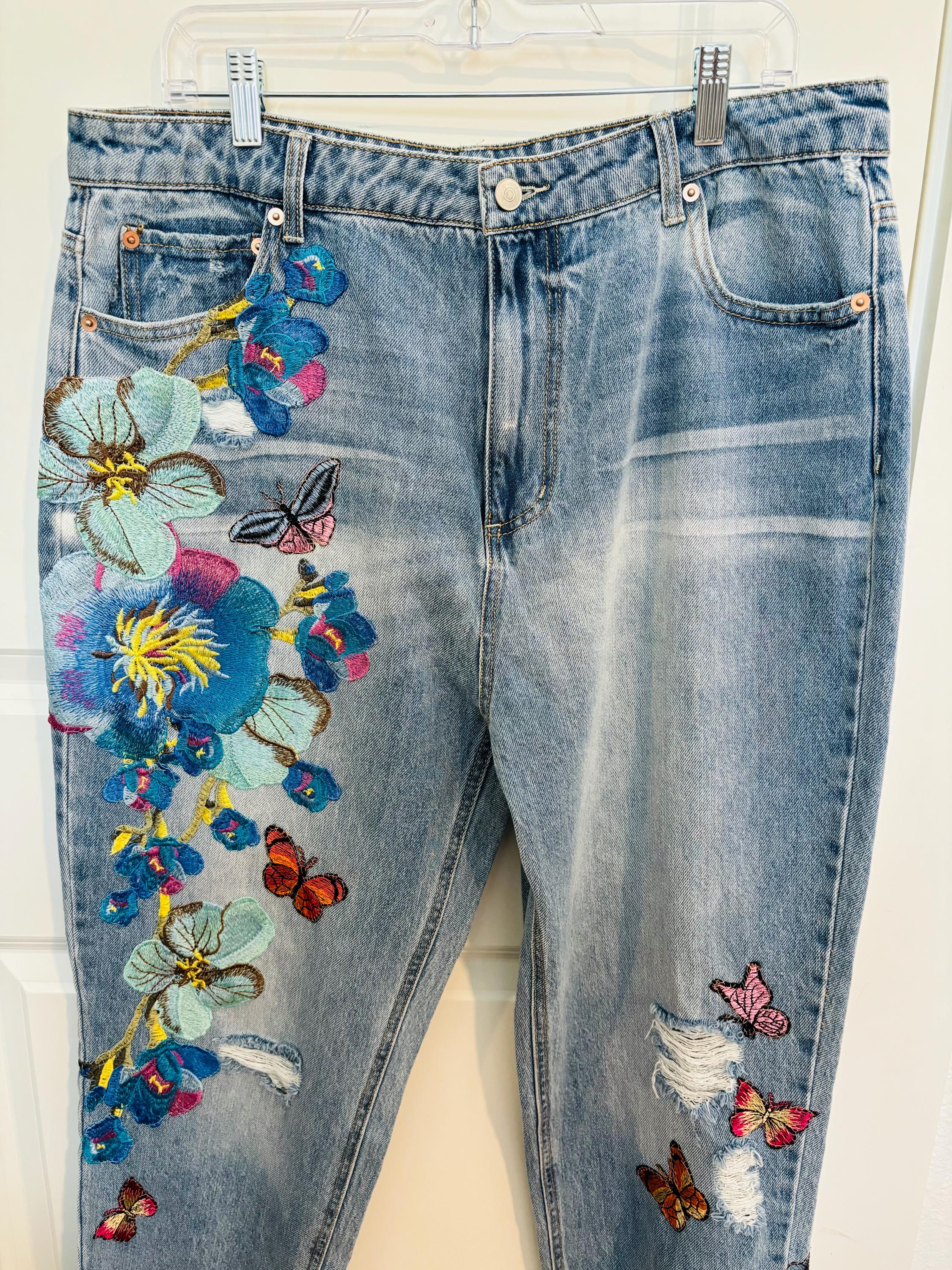 Embroidered Butterfly Jeans: Refashioned Boho Floral Denim, Size 17 - Etsy