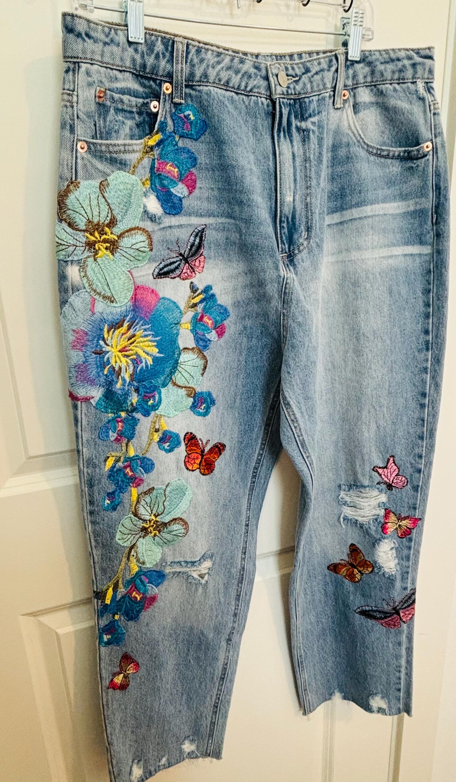 Embroidered Butterfly Jeans: Refashioned Boho Floral Denim, Size 17 - Etsy