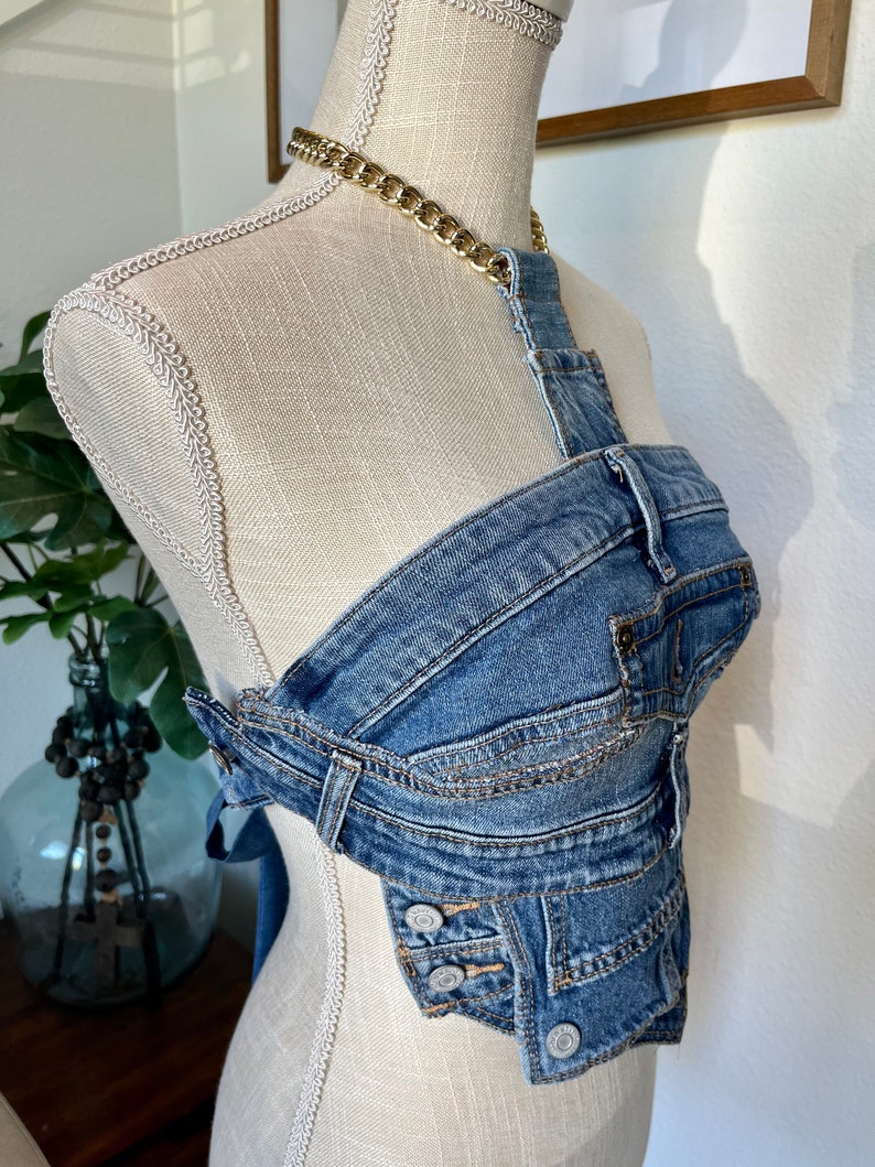 Upcycled Denim Halter Top: Gold Chain, Modern Boho Chic (size Small) - Etsy