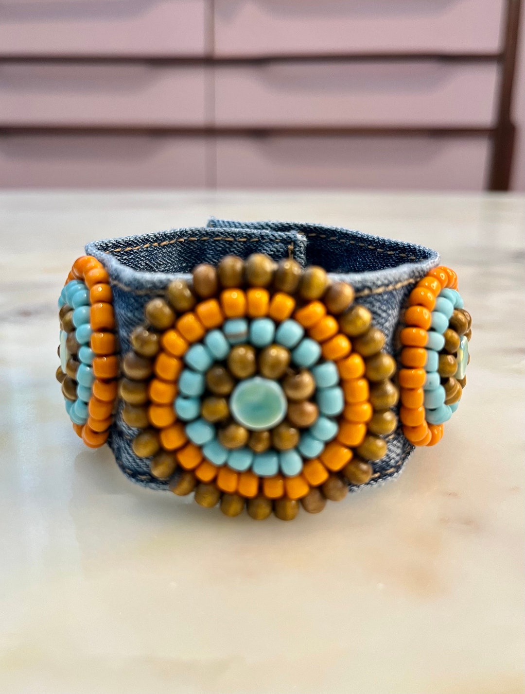 Bohemian Beaded Denim Cuff Bracelet, Ventage Style Wrestlet Jewelry ...