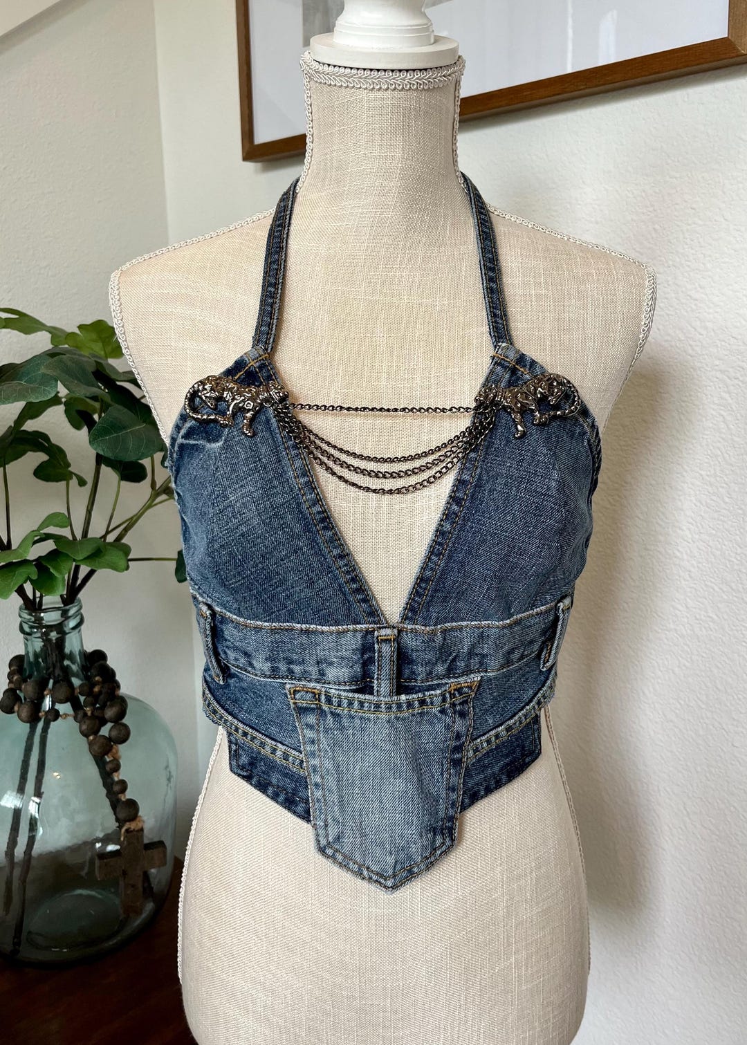Edgy Modern Chic Futuristic Denim Corset, Two Beautiful Leopard ...