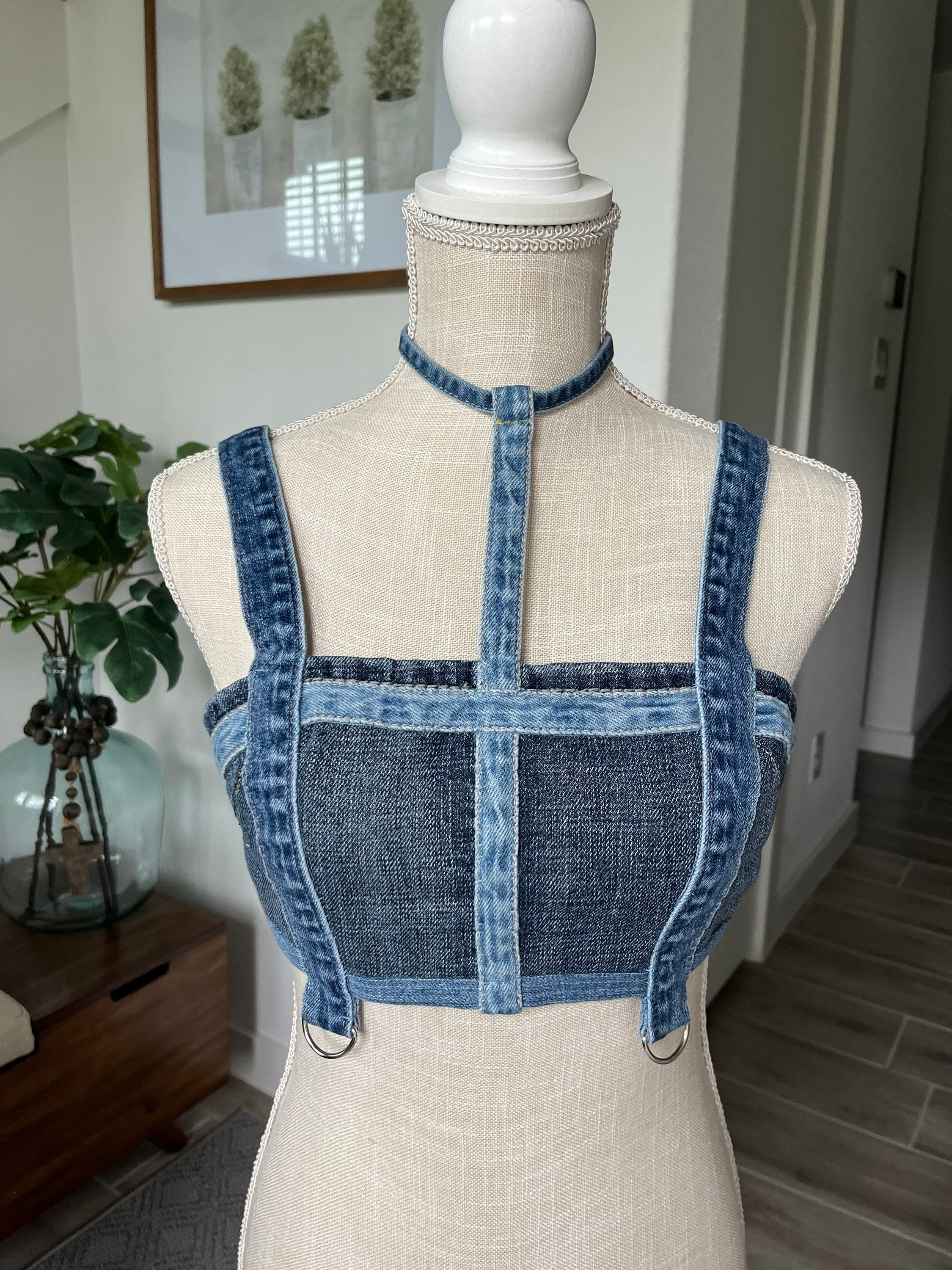 Boho Chic, Upcycled Denim, Tube, Tie Back, Chocker Style, Festival ...