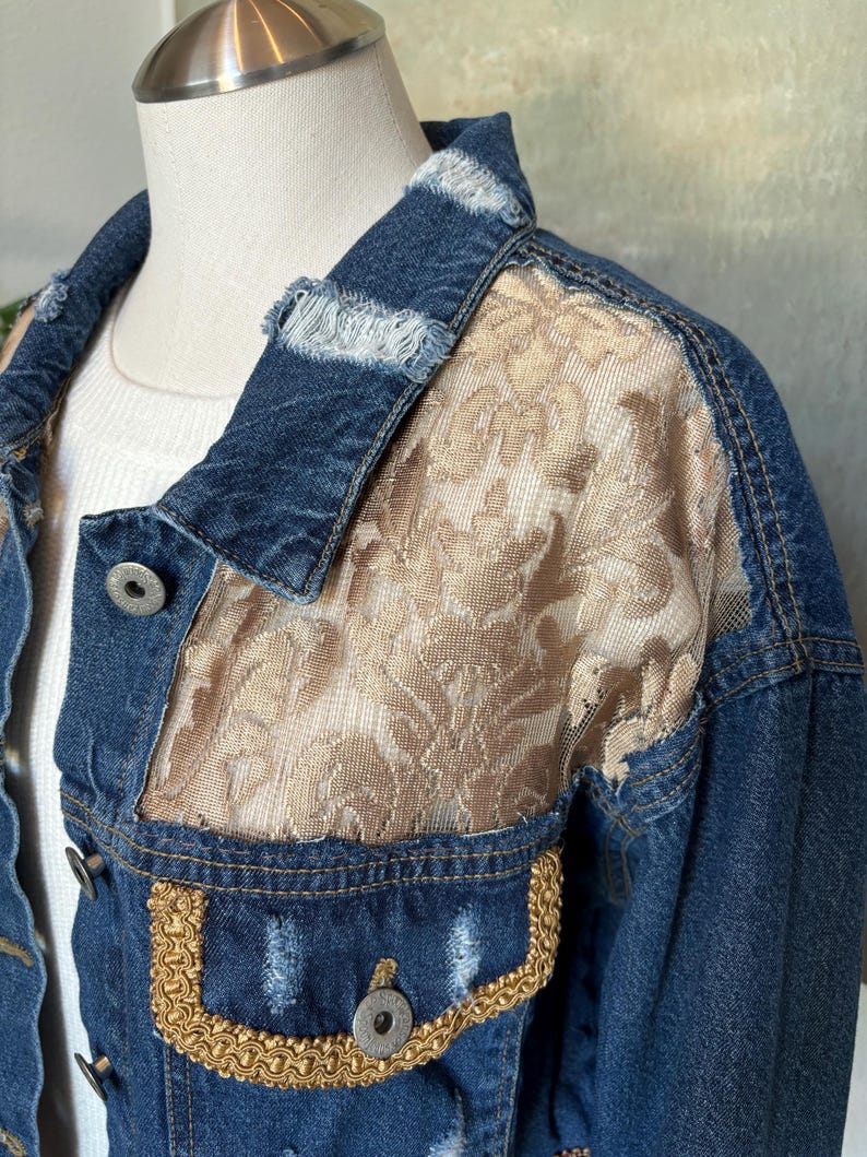 Ladies XL Embellished Handmade Denim Jean Jacket, Bohemian Style, Fall ...