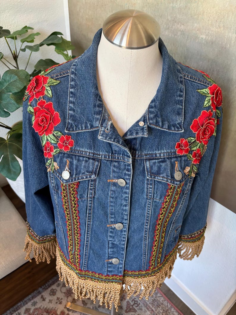 Embellished Denim Jacket: Upcycled Parisian Boho Jean Jacket With Roses ...