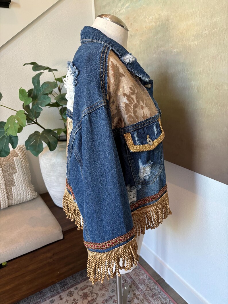 Ladies XL Embellished Handmade Denim Jean Jacket, Bohemian Style, Fall ...