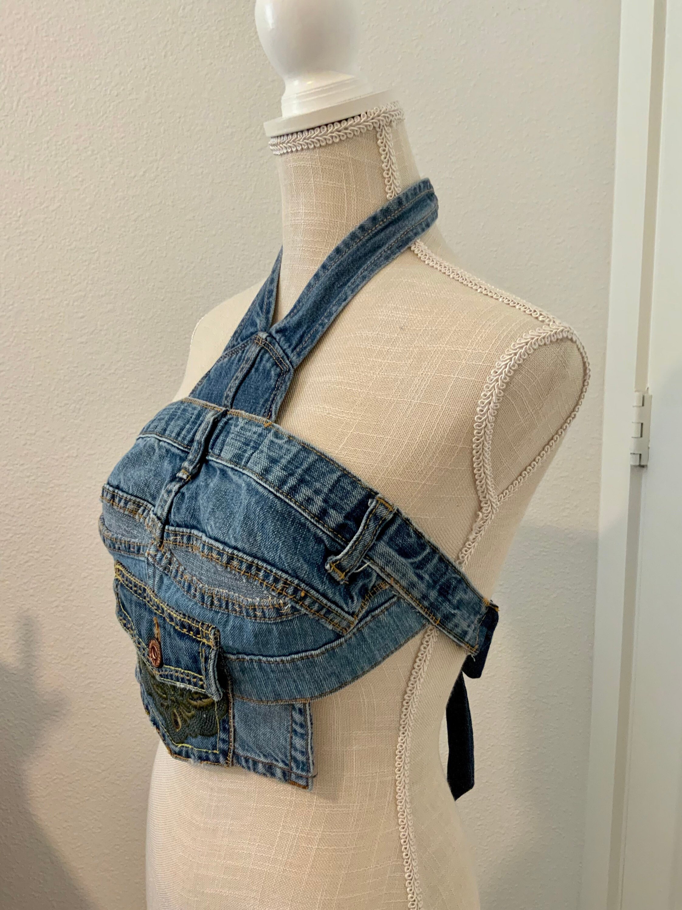 Upcycled Denim Halter Top: Handmade Festival Fashion (XS/S) - Etsy