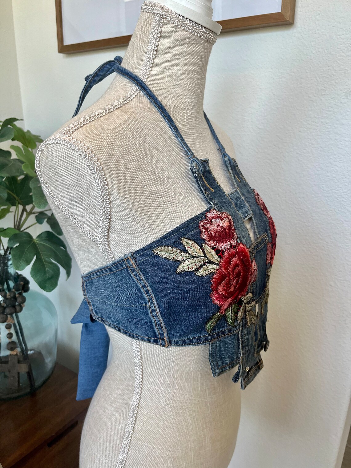 Bohemian Floral Denim Tube Top: Upcycled Handmade Jean Top (size Small ...
