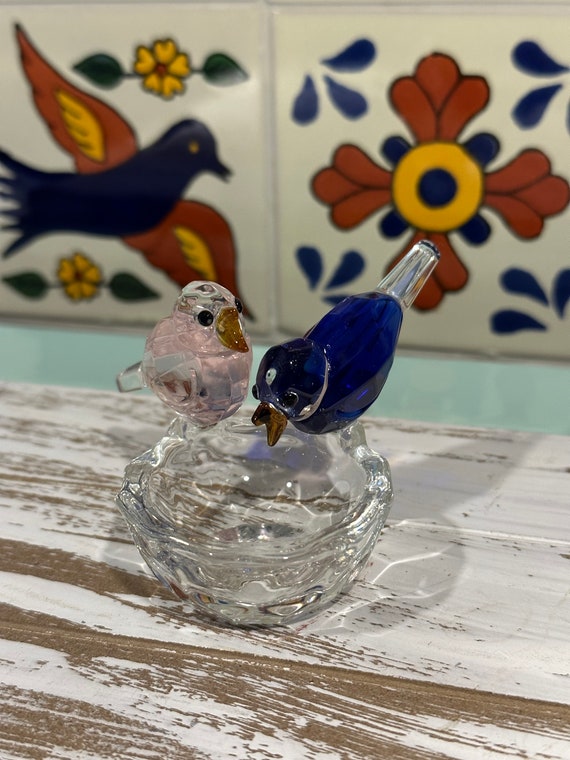 Pink & Blue Birds Glass Ring Holder Dish - Gem