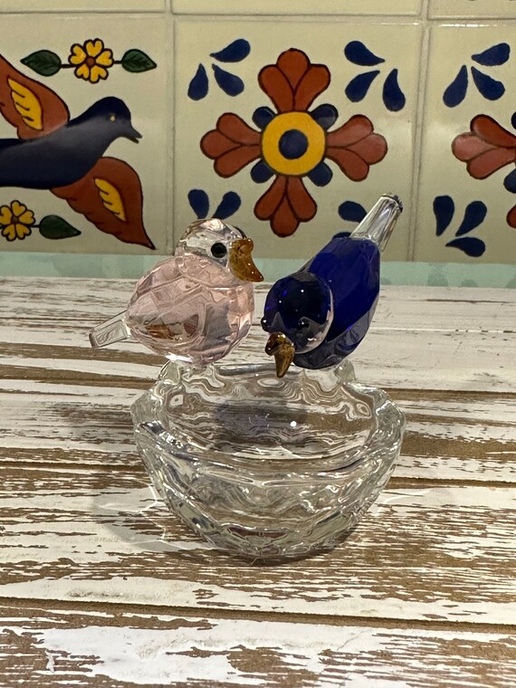 Pink & Blue Birds Glass Ring Holder Dish - Gem