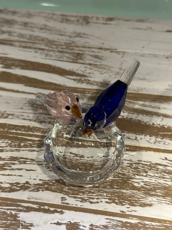 Pink & Blue Birds Glass Ring Holder Dish - Gem