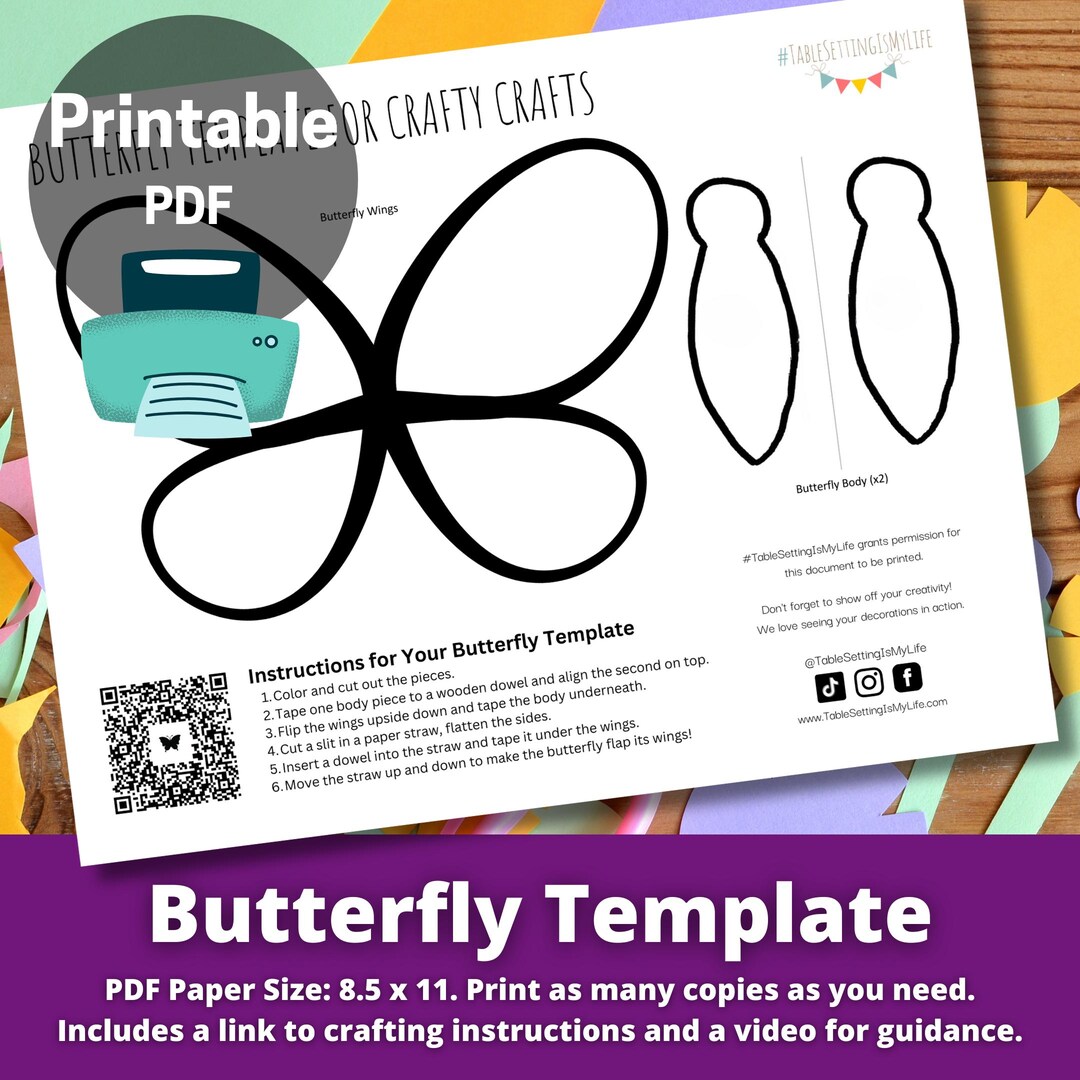 Fluttering Paper Butterfly Template for Kids Crafts - Digital Download ...