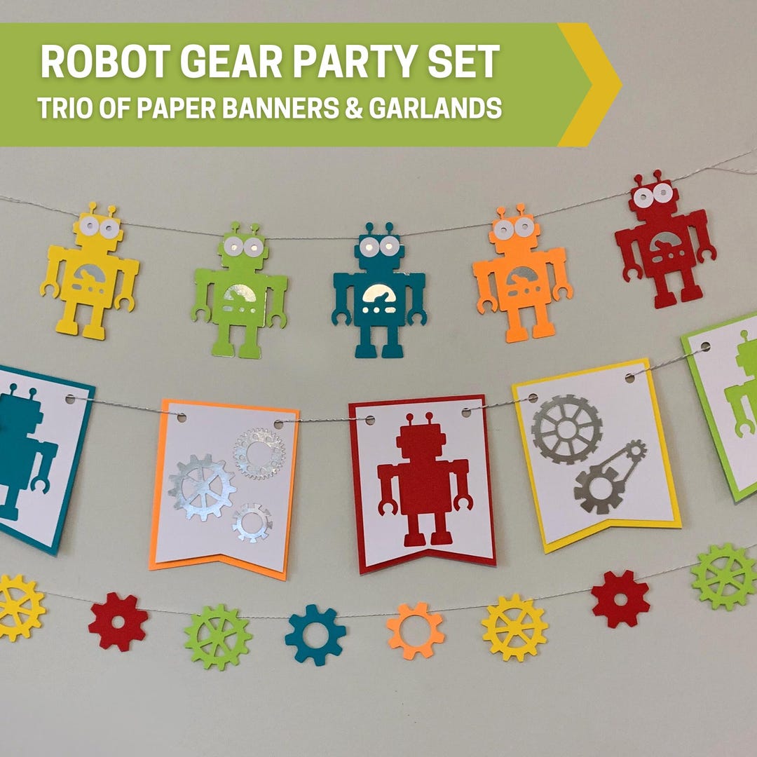 Robot Party Decoration Bundle - Bunting, Gear Garland, and Robot ...