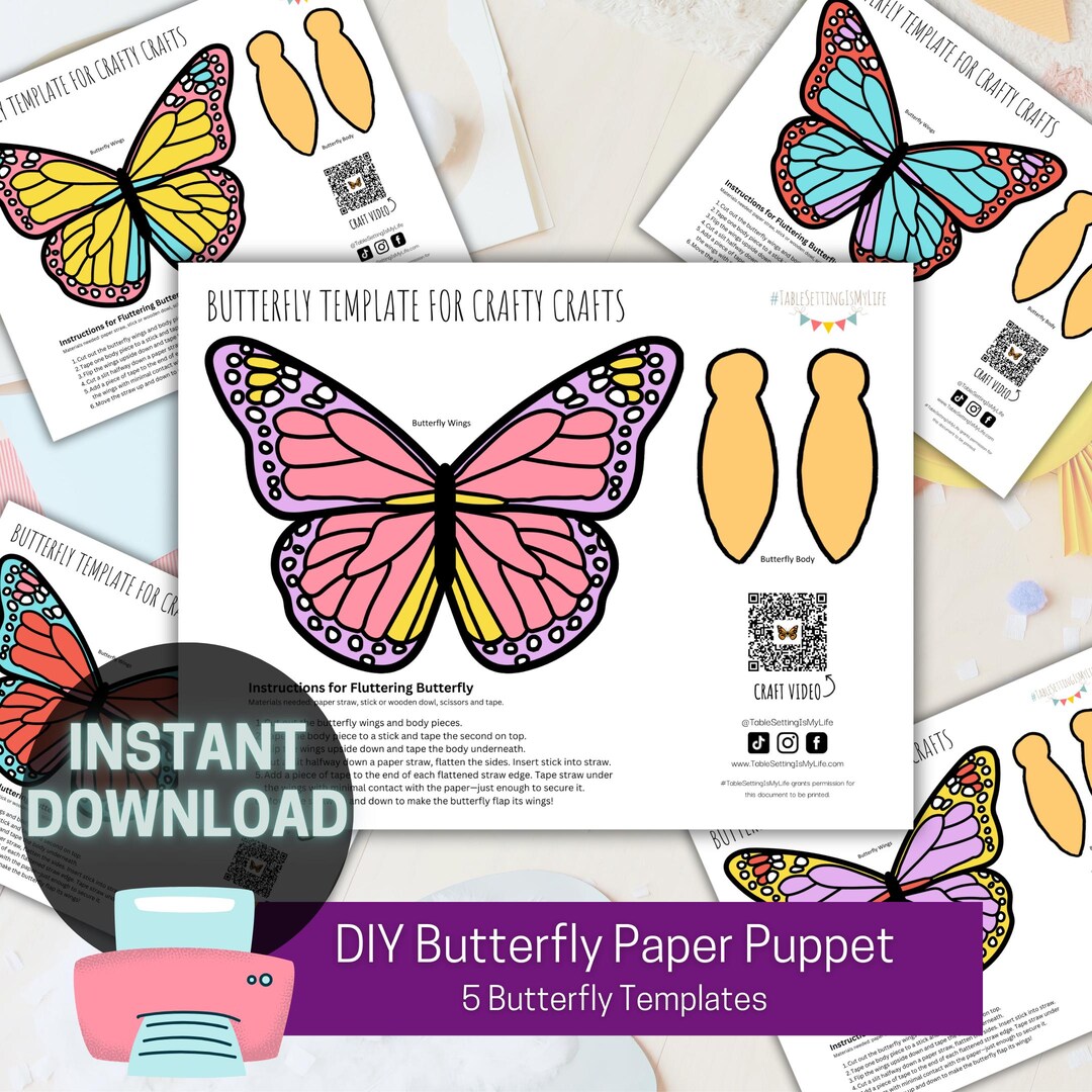 DIY Fluttering Butterfly Craft, 4 Bright Designs - Digital Download ...