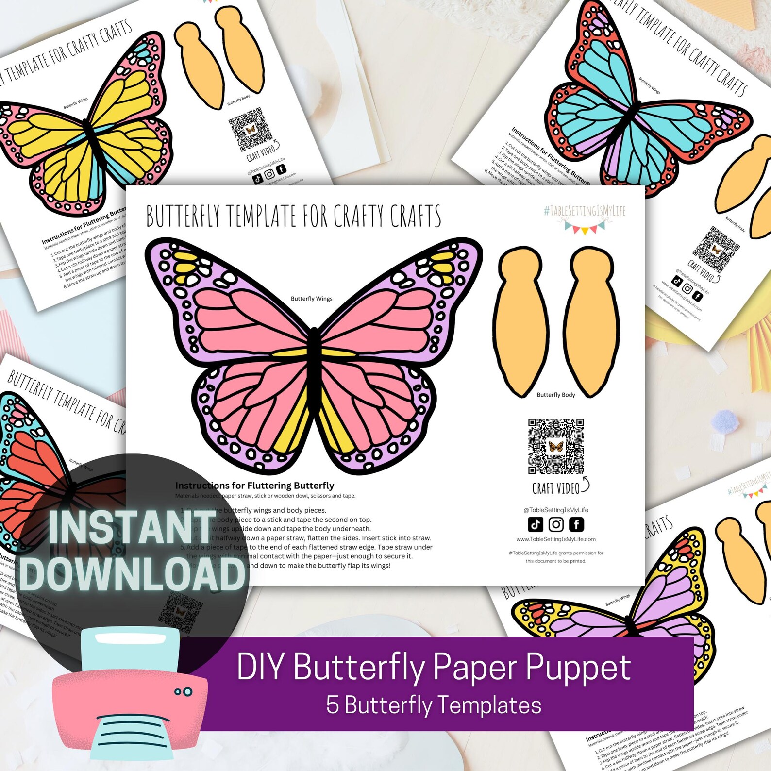 DIY Fluttering Butterfly Craft, 4 Bright Designs - Digital Download ...