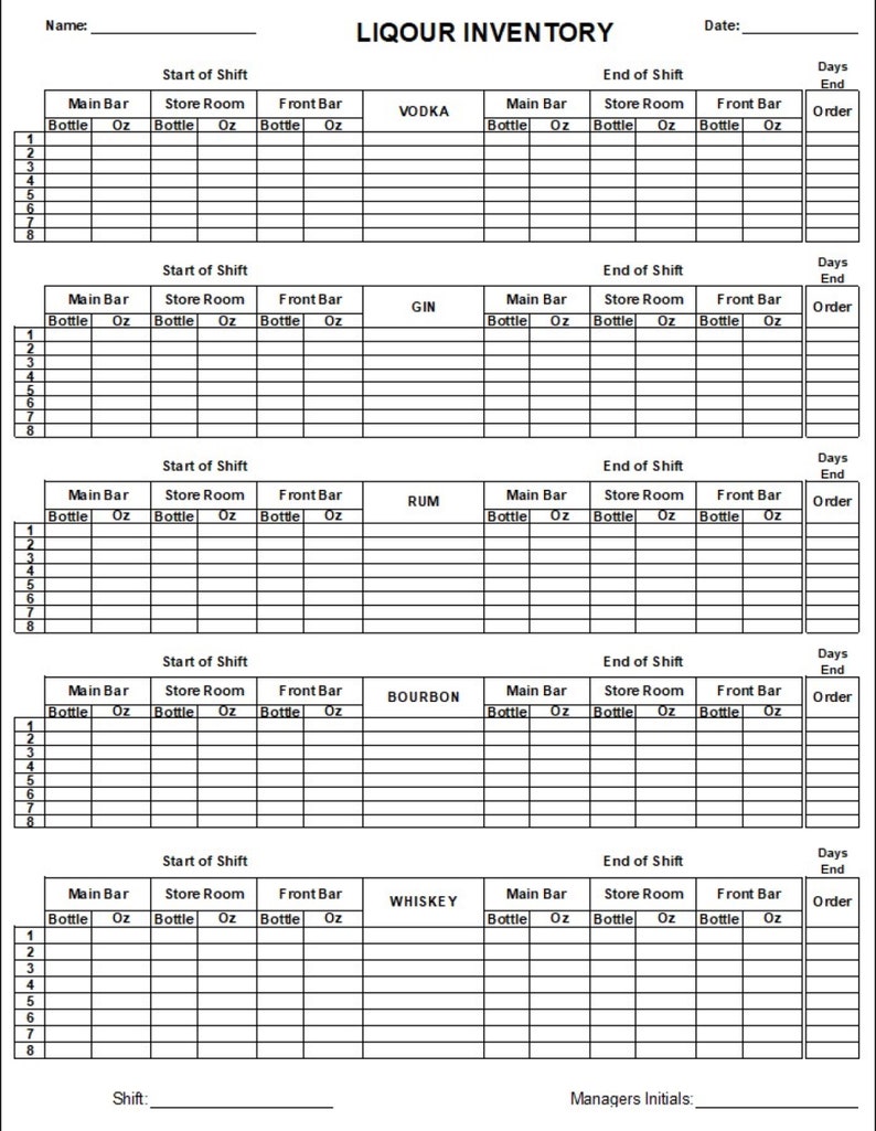 Bar Inventory Excel Sheet - Custom Order - Etsy