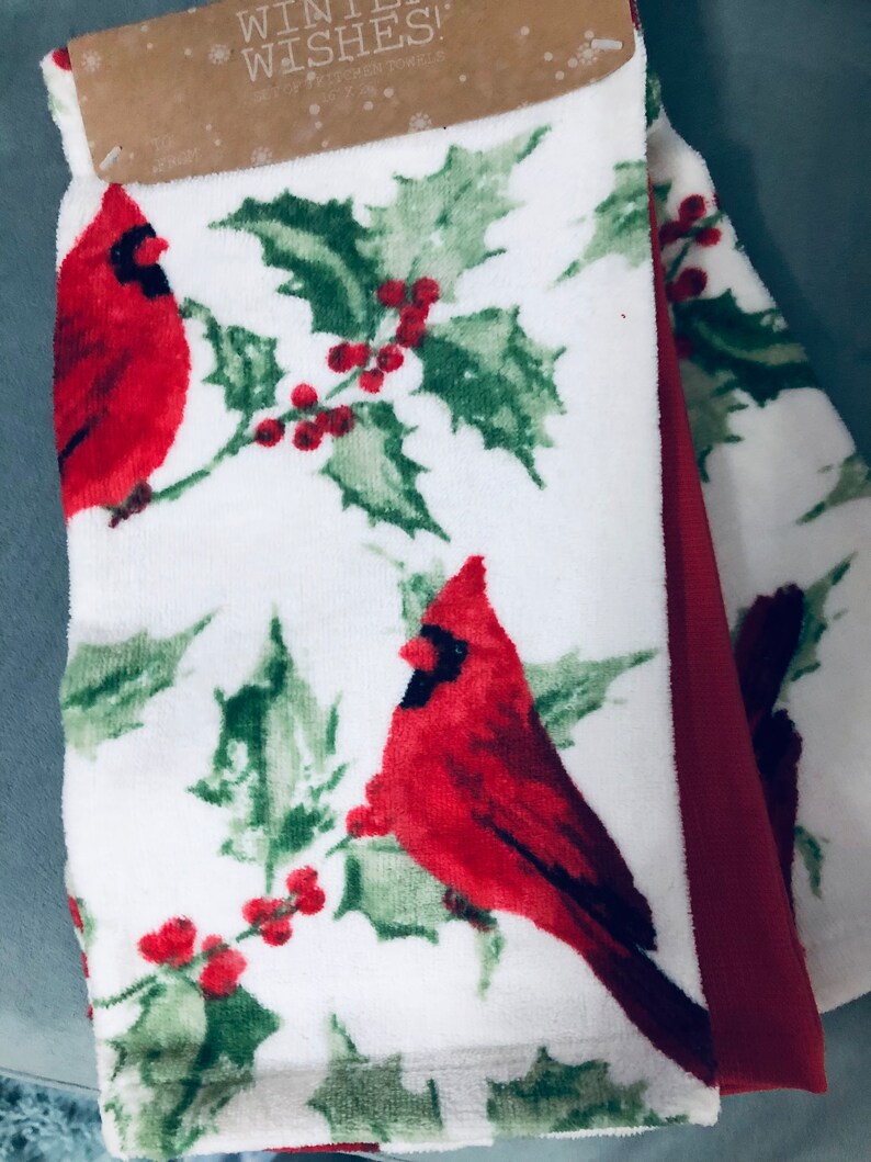 Two Lovely Red Cardinal Kitchen Towels. Brighten Your Day. Captures the ...