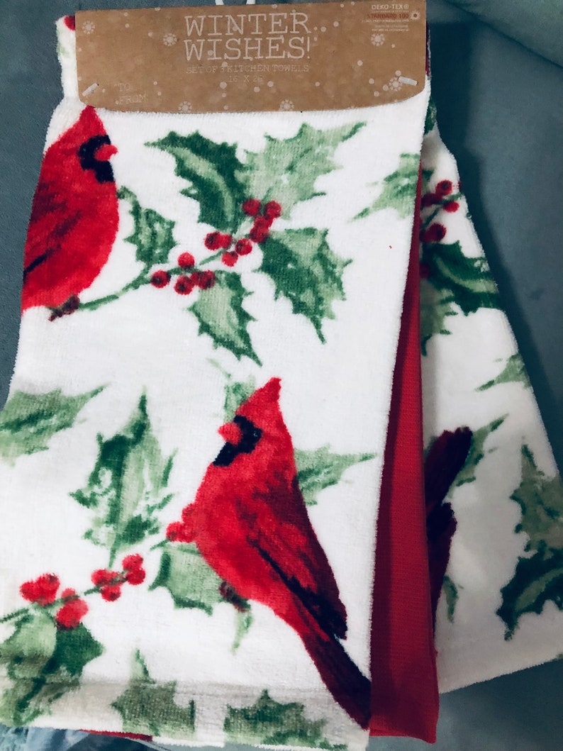 Two Lovely Red Cardinal Kitchen Towels. Brighten Your Day. Captures the ...