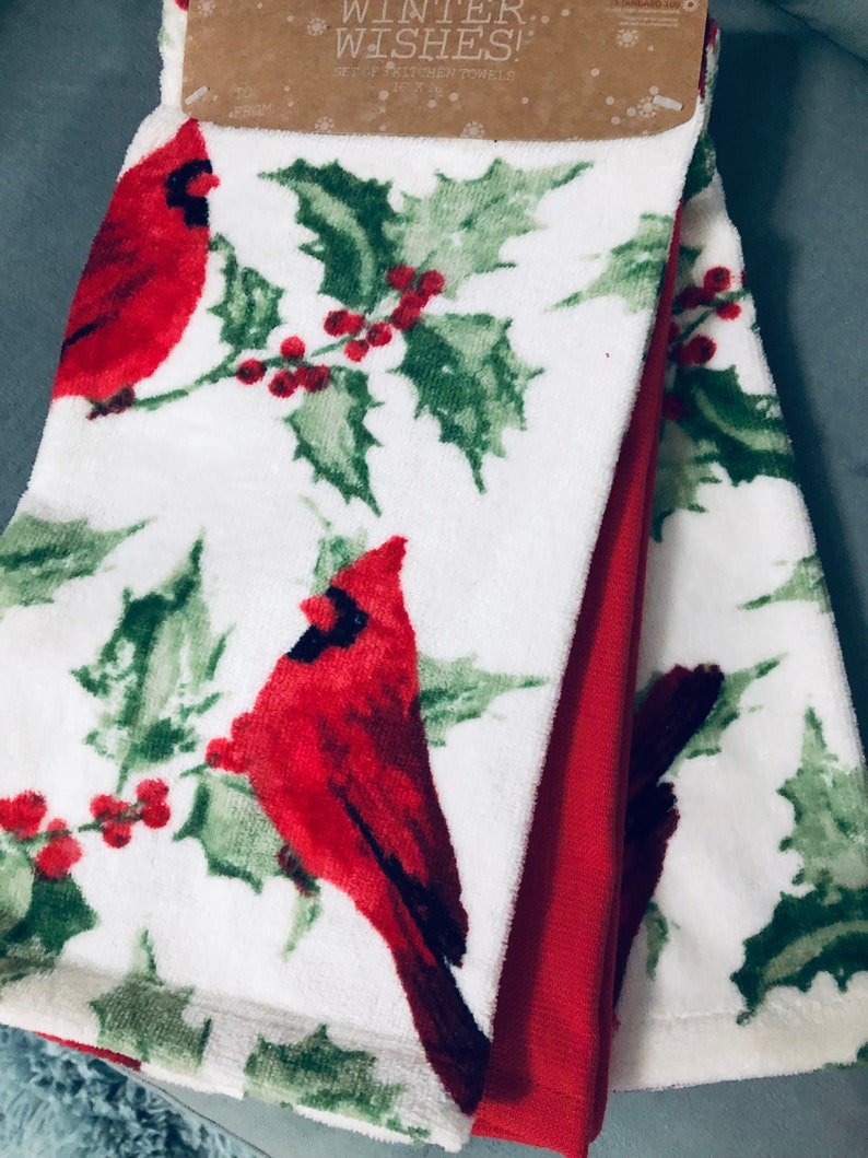 Two Lovely Red Cardinal Kitchen Towels. Brighten Your Day. Captures the ...