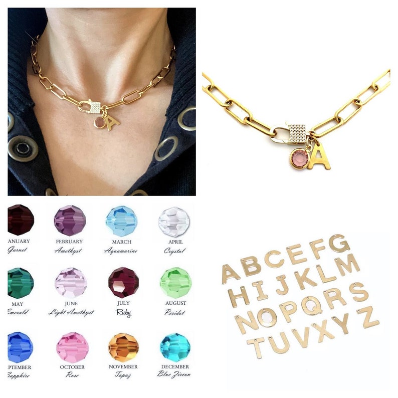 Birthstone Rectangle Chain Necklace Personalized Paperclip | Etsy