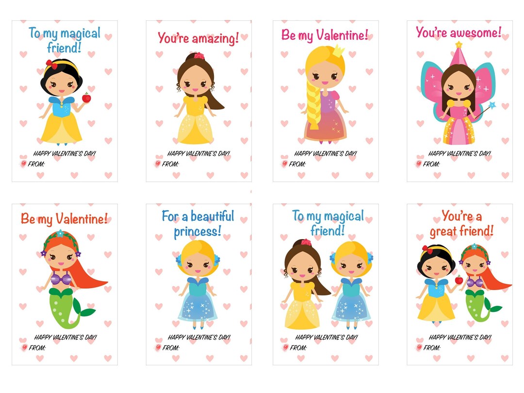 Printable Princess Valentines Card Kids Valentine Digital Download ...