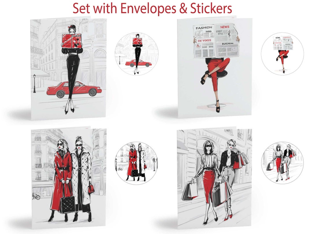 Fashion Girl Cards Set of 4 W/ Stickers and Envelopes Fashion Greeting ...