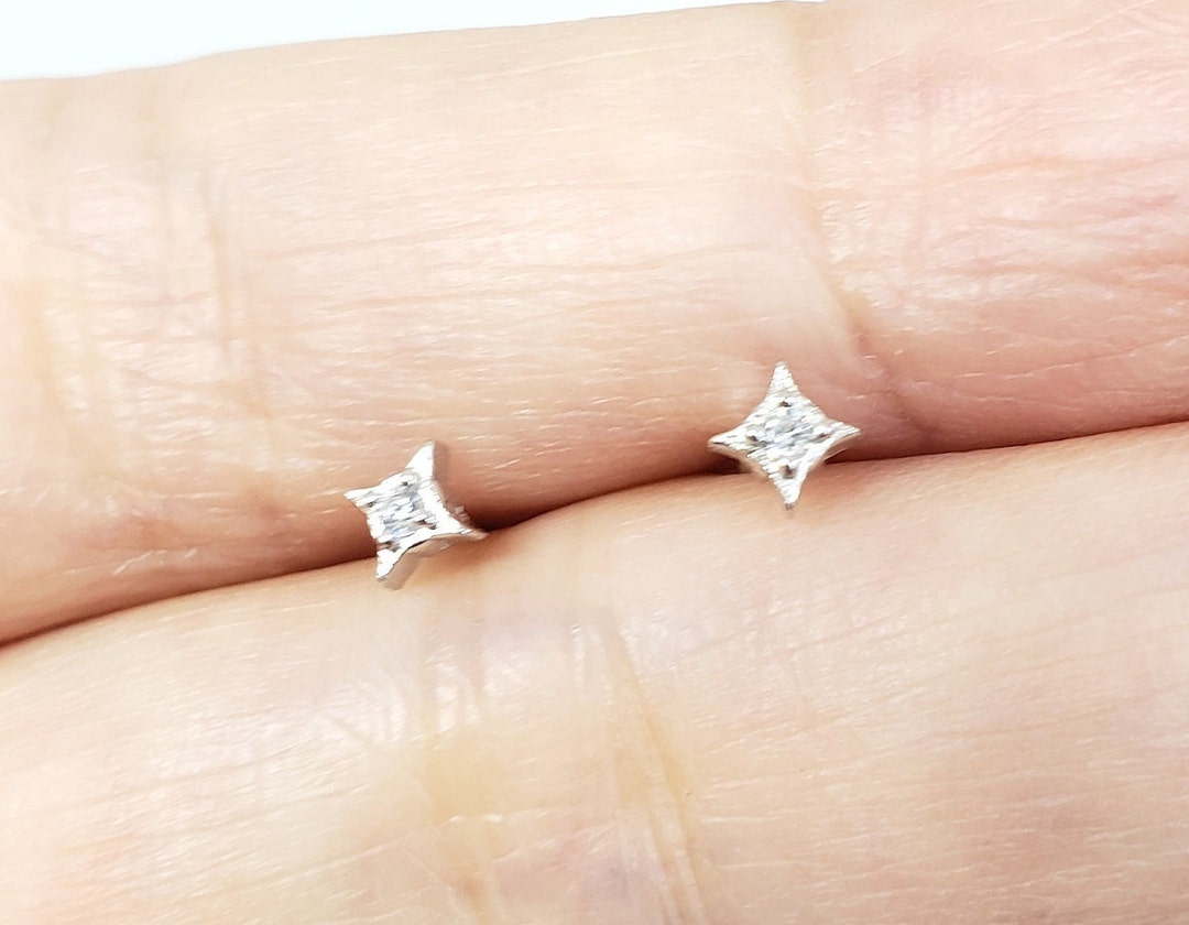 Sterling Silver Geometric Pyramid Earrings Dainty Cute Small Rhinestone ...