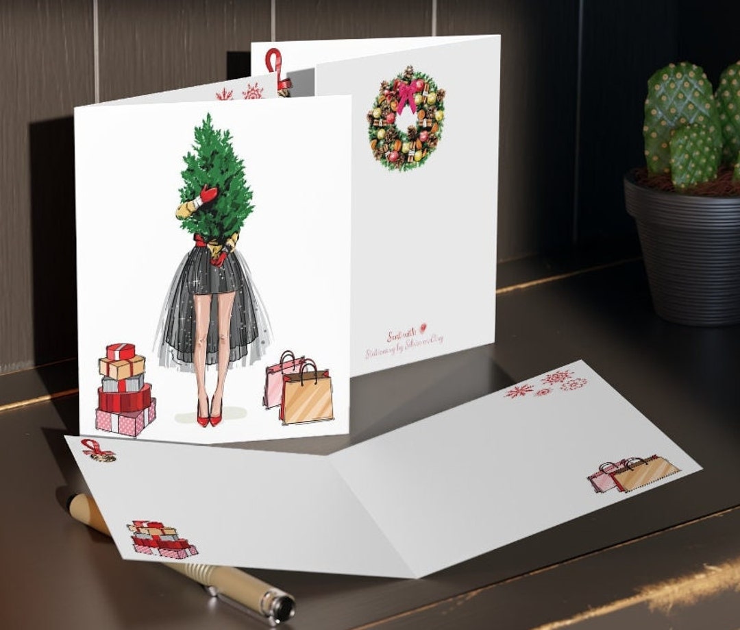 Fashion Girl Christmas Tree Cards 4 Sided Fashionista Holiday Greeting ...