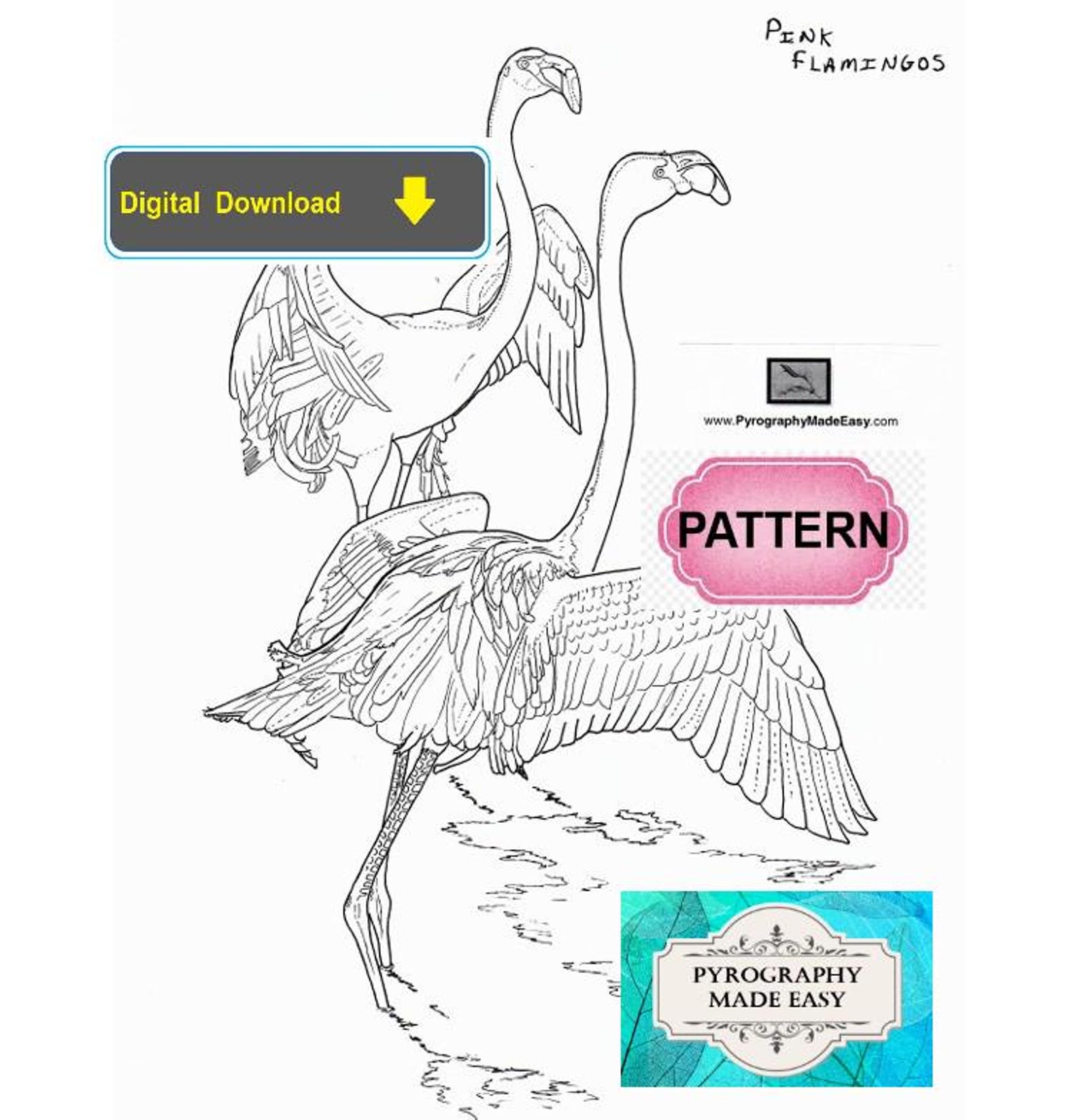 Pink Flamingos Pyrography Pattern: Wood Burning Art Pattern (digital ...