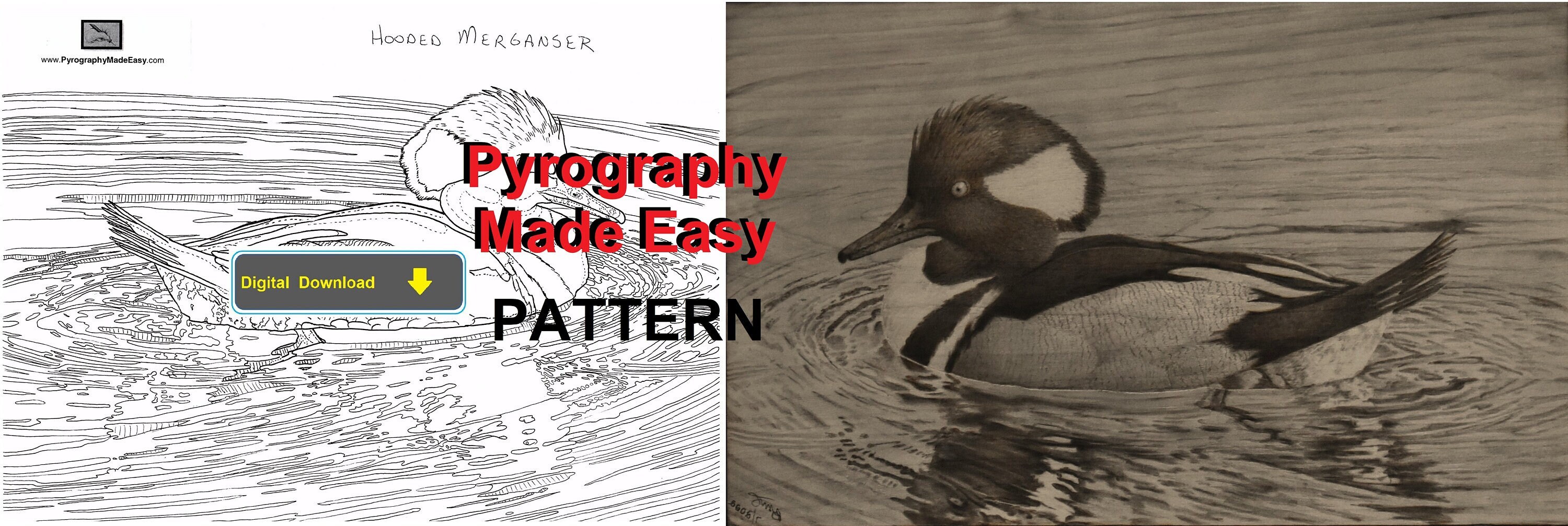 Hooded Merganser Duck Pyrography Pattern Wood Burning Pattern Digital ...