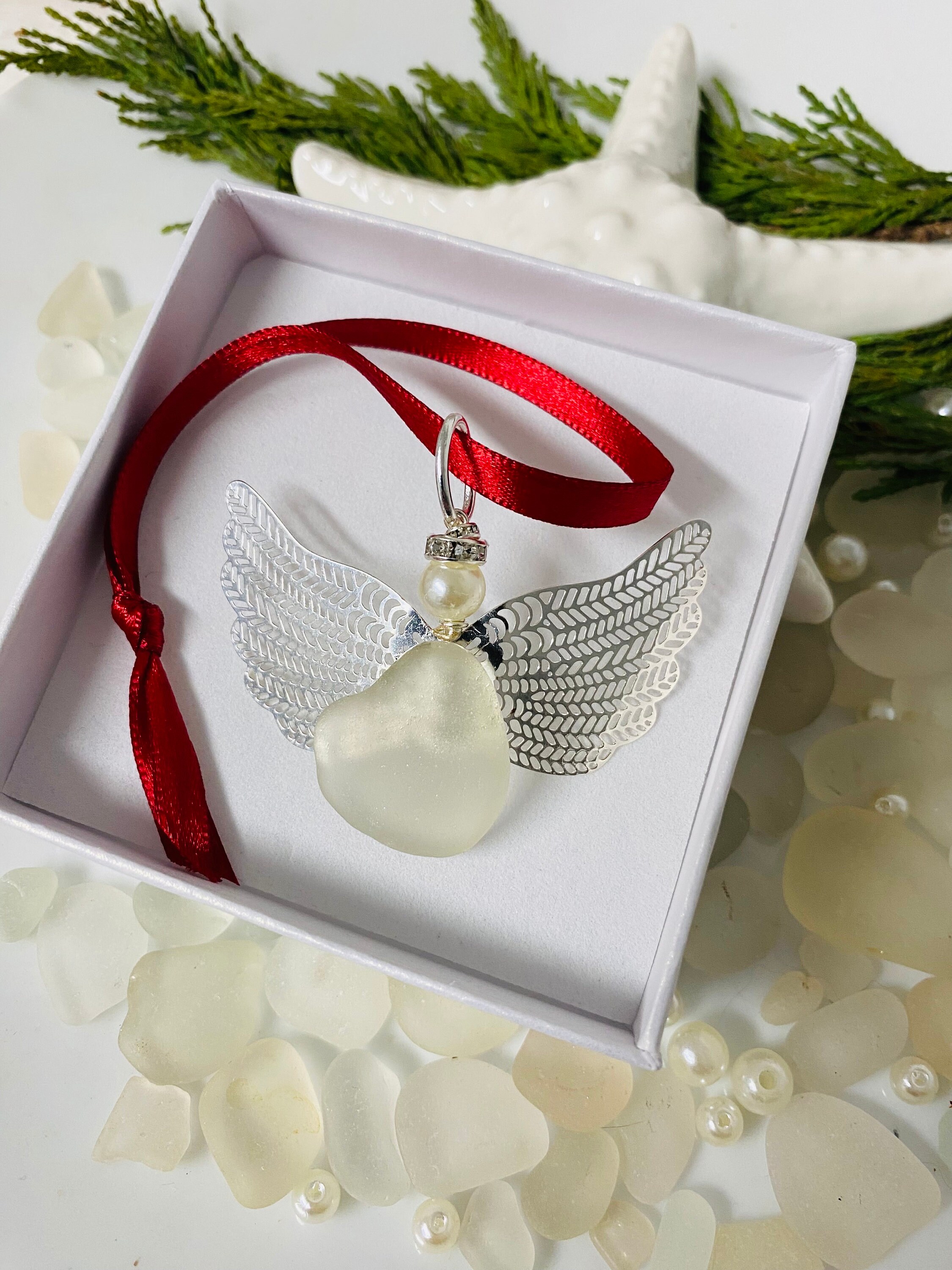 Red Ribbon Sea Glass Guardian Angel Ornament Meaningful Love and ...